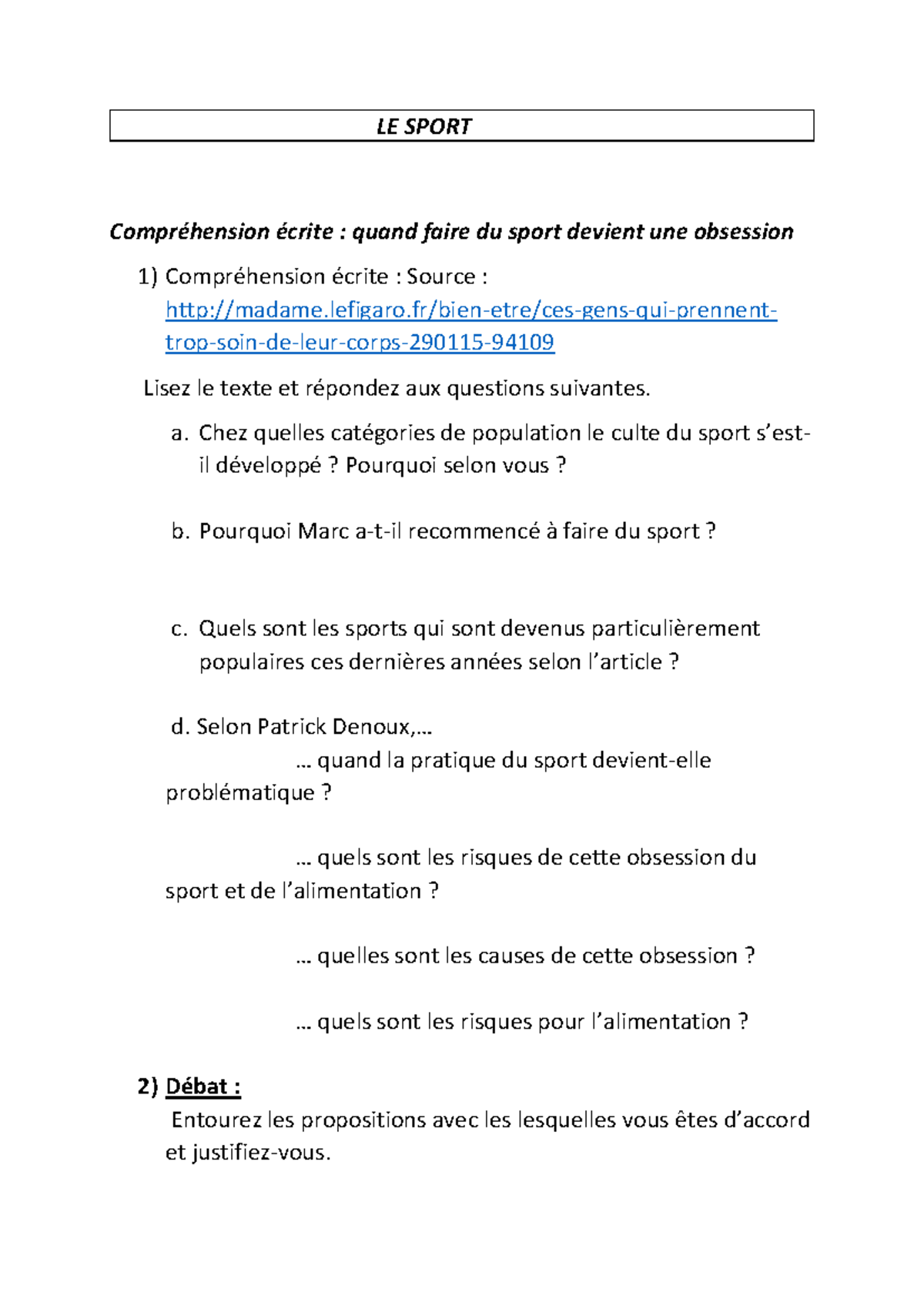 Le sport fiche de travail étudiants - LE SPORT Compréhension écrite ...
