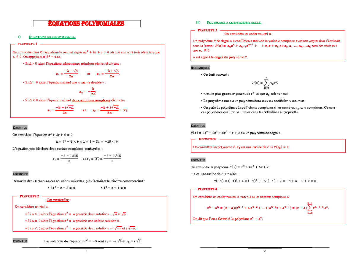 Math Algorithme - 1 Équations Polynomiales I) ÉQUATIONS DU SECOND DEGRE ...