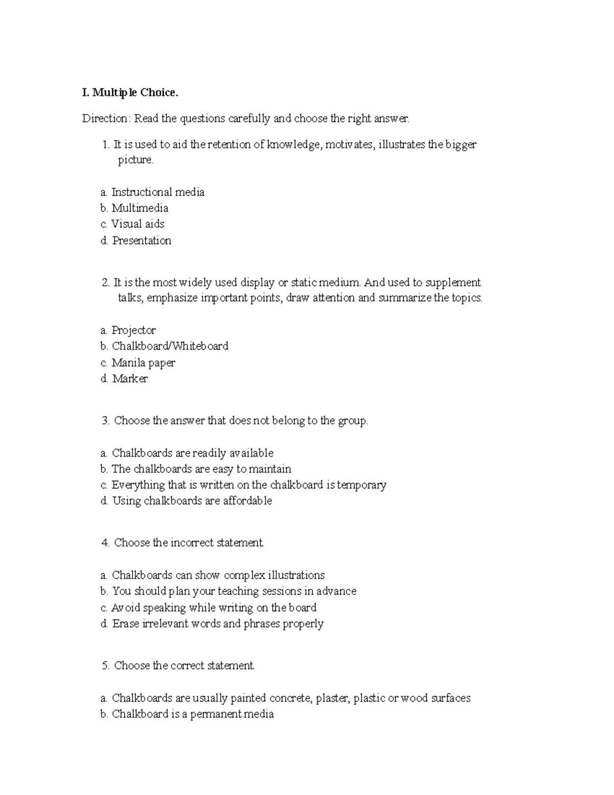 Formative - I. Multiple Choice. Direction: Read the questions carefully ...