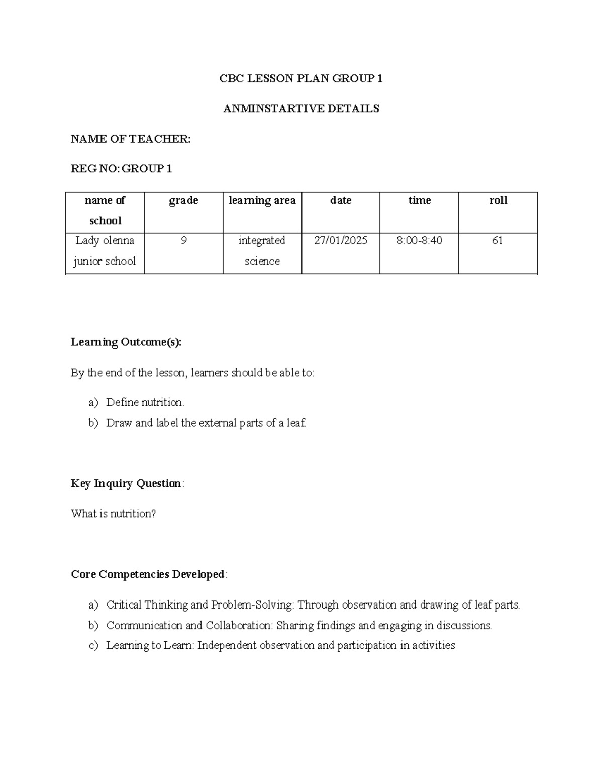 CBC Lesson PLAN Group 1 - nothing - CBC LESSON PLAN GROUP 1 ...