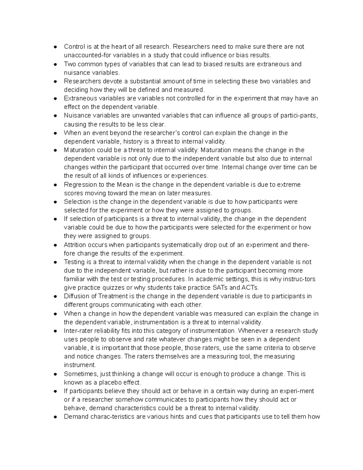 Ch.9 psych 255 notes - Control is at the heart of all research ...