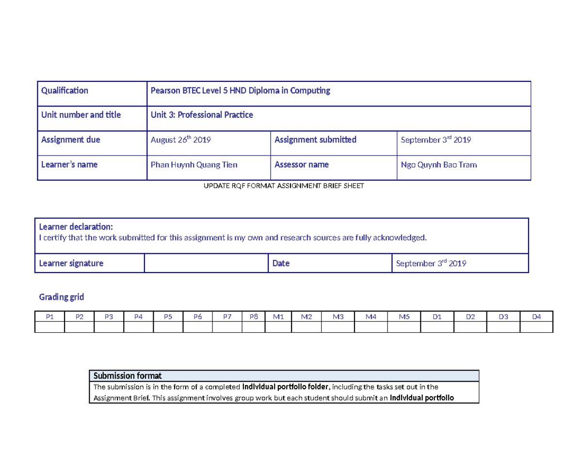 Professional Practice - Qualification Pearson BTEC Level 5 HND Diploma ...
