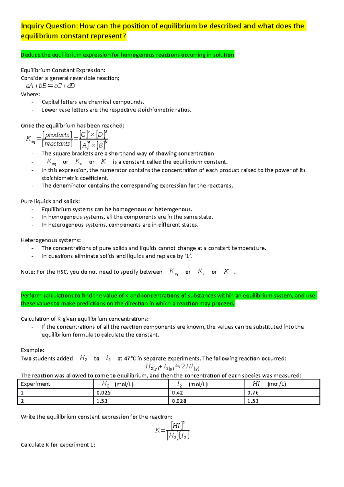 3. Calculating the Equilibrium Constant - Inquiry Question: How can the ...