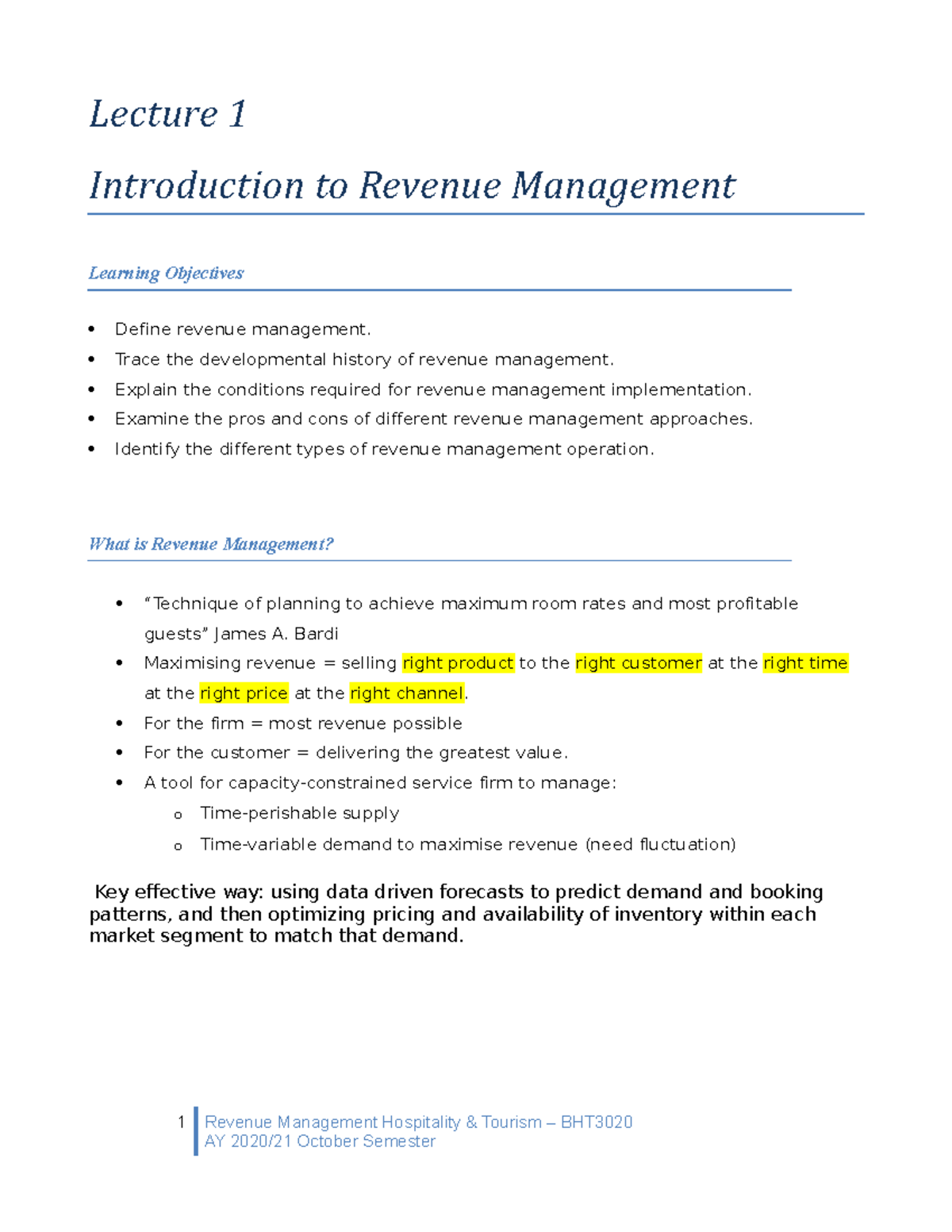 Lecture 1 Notes - Lecture 1 Introduction to Revenue Management Learning ...