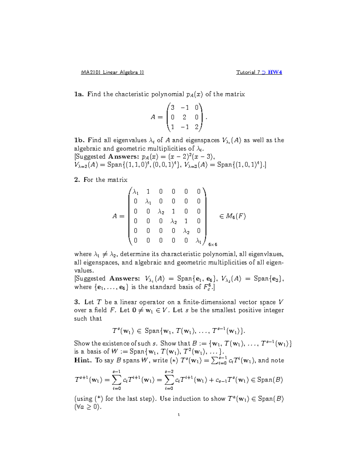 Tut7 - notes - MA2101 Linear Algebra II Tutorial 7⊃HW 1a the ...