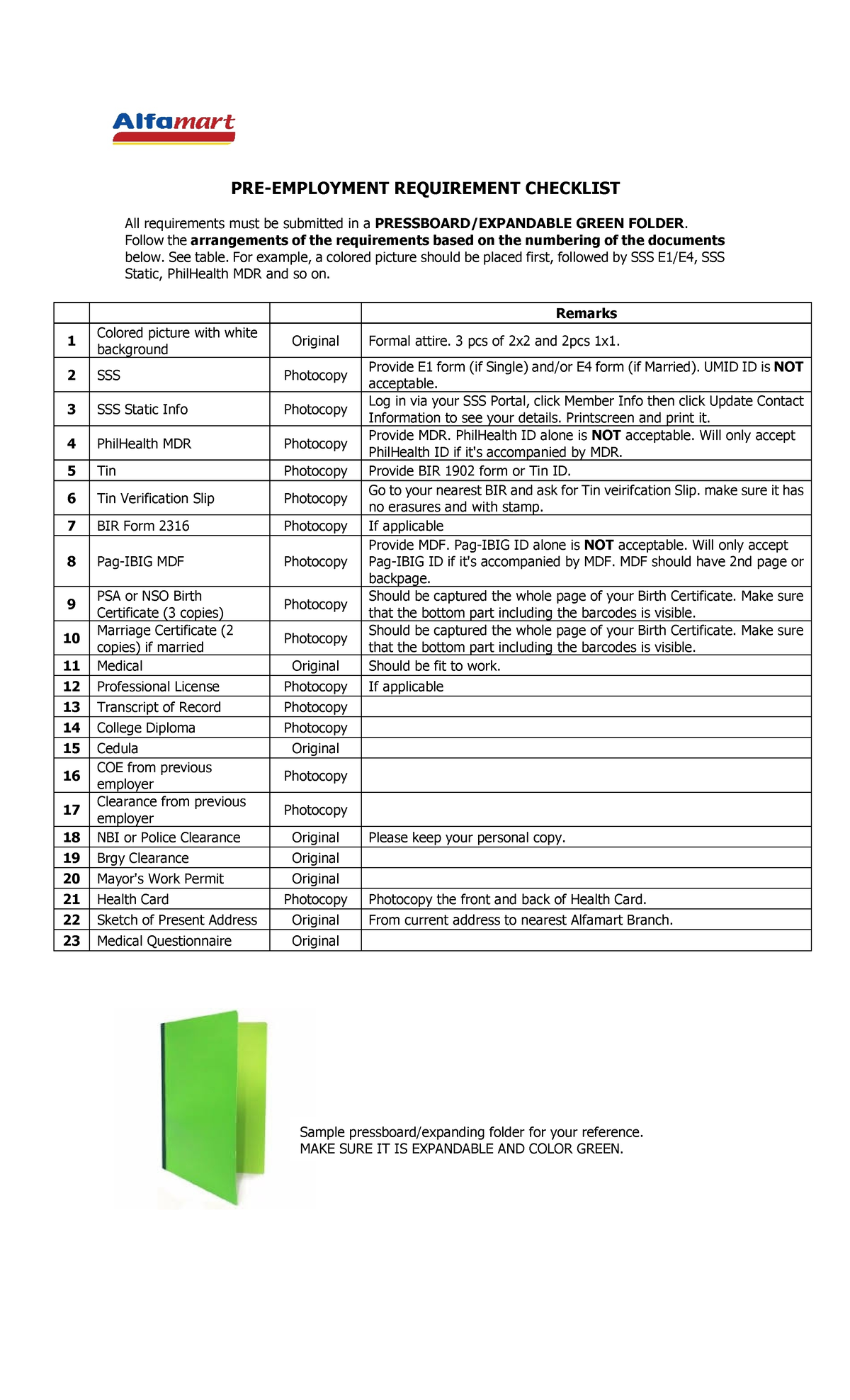 List of Requirements with Reminders - PRE-EMPLOYMENT REQUIREMENT ...