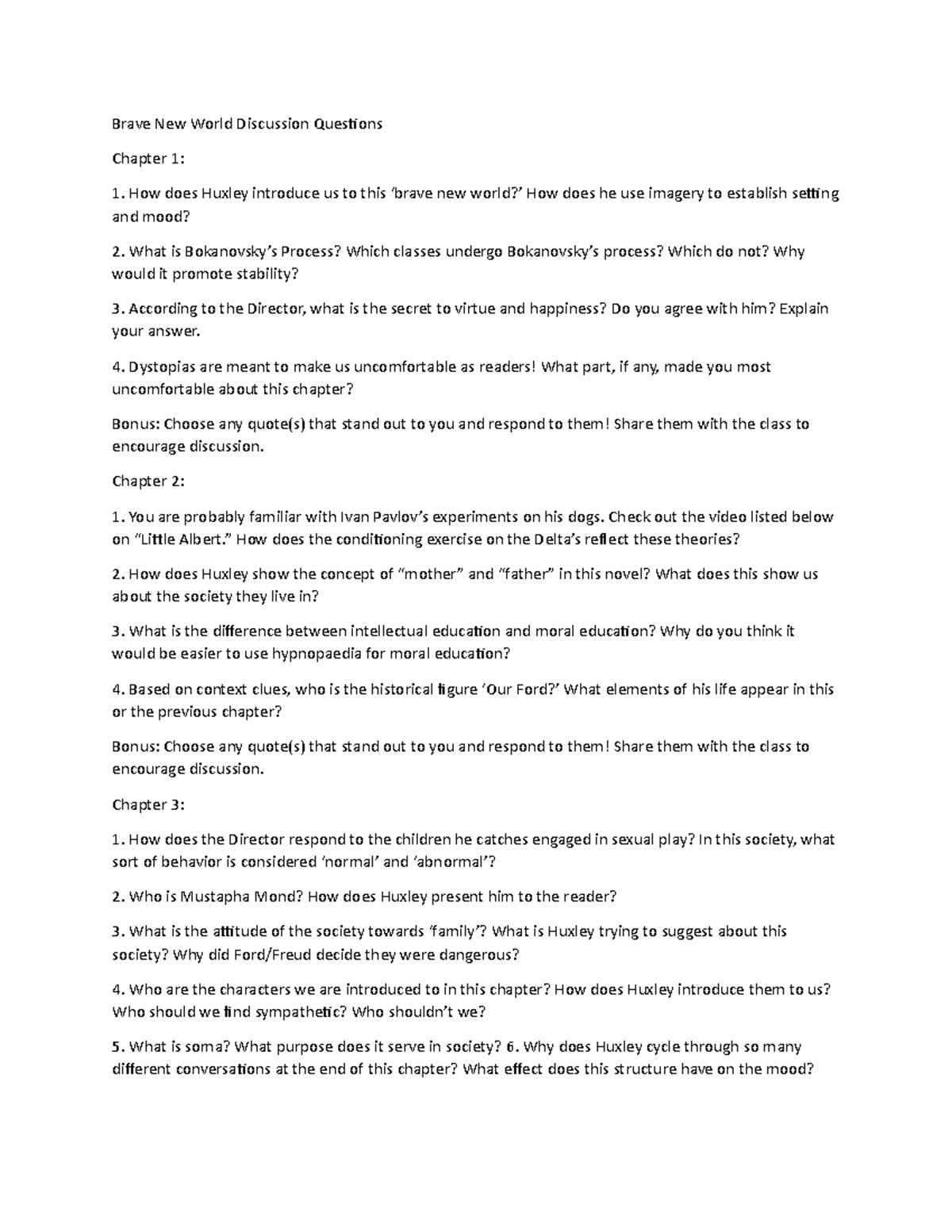 Brave New World - Chapters 1-3 - Brave New World Discussion Questions ...