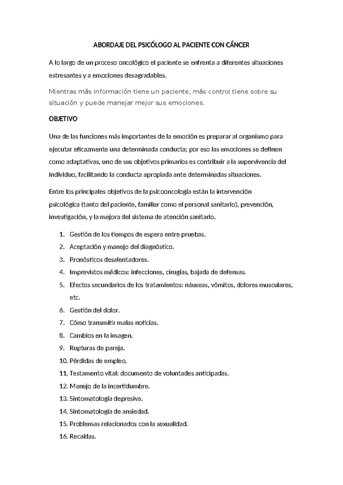 Abordaje DEL Psicólogo AL Paciente CON Cáncer - ABORDAJE DEL PSICÓLOGO ...