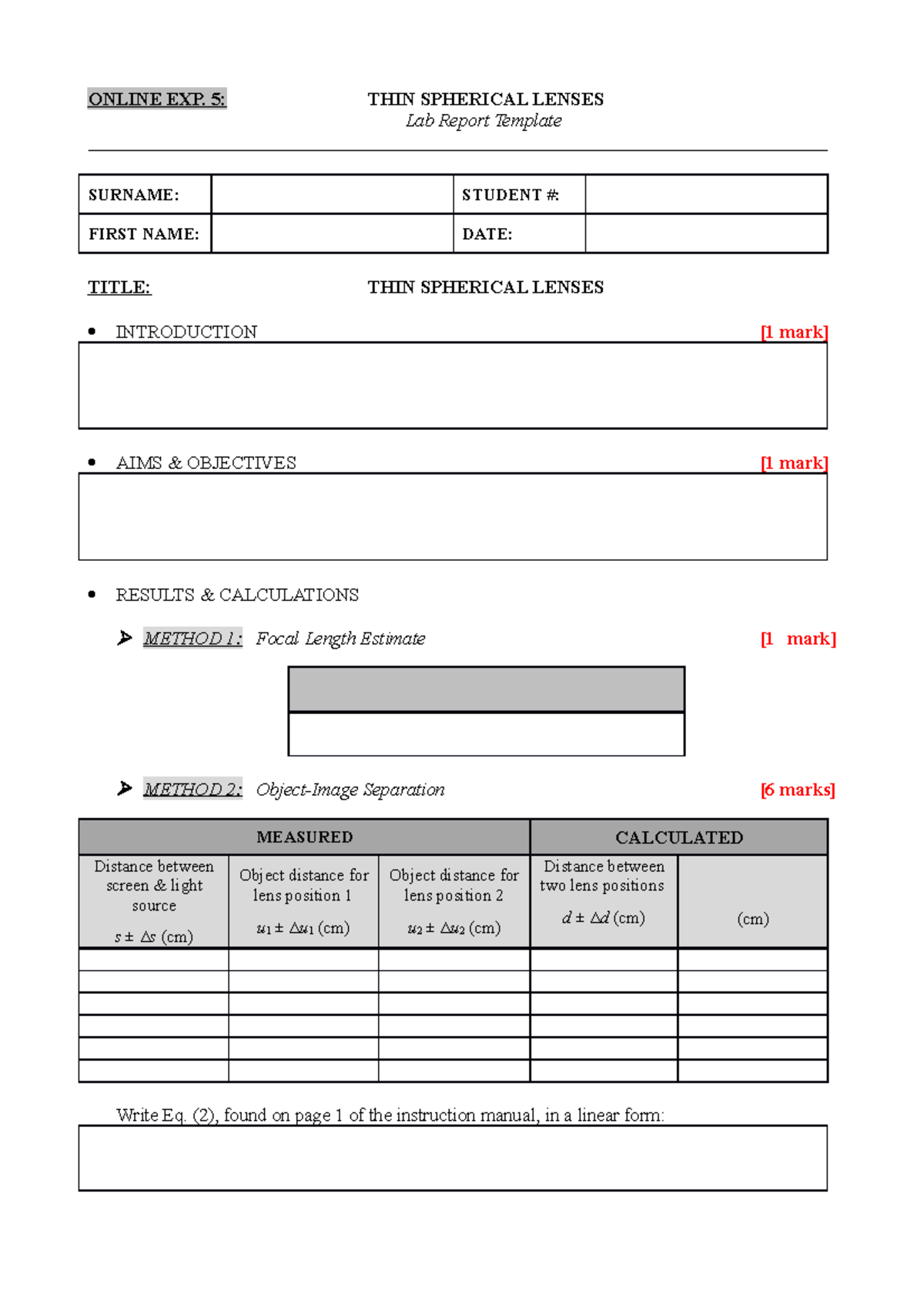 Exp05 - Thin Lens - Lab Report Template - ONLINE EXP. 5: THIN SPHERICAL ...