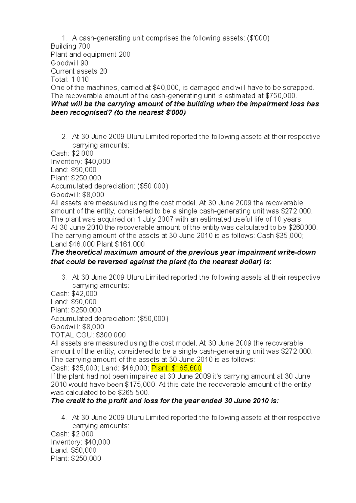 impariment loss - A cash-generating unit comprises the following assets ...