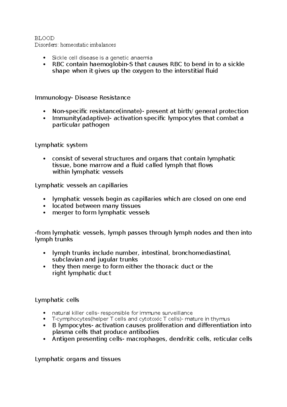 Blood - Lecture notes 1 - BLOOD Disorders: homeostatic imbalances ...