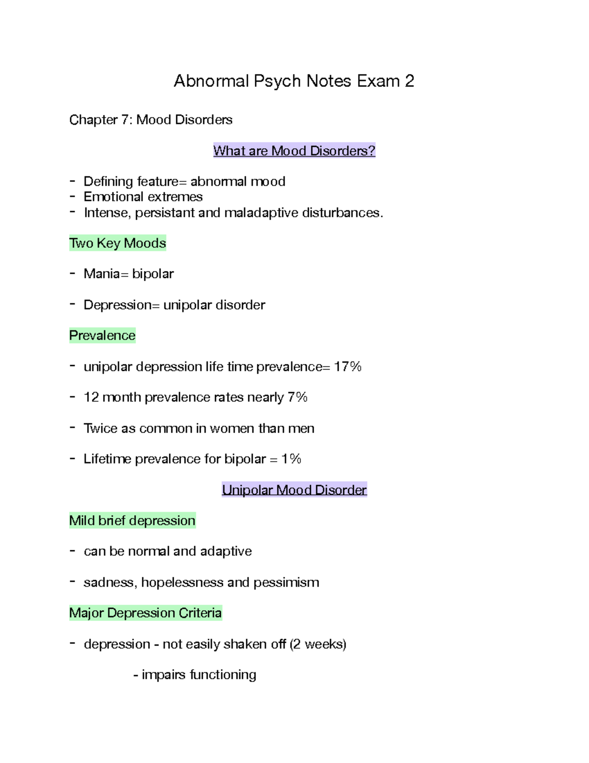 Abnormal psych-1 - Abnormal Psych Notes Exam 2 Chapter 7: Mood ...