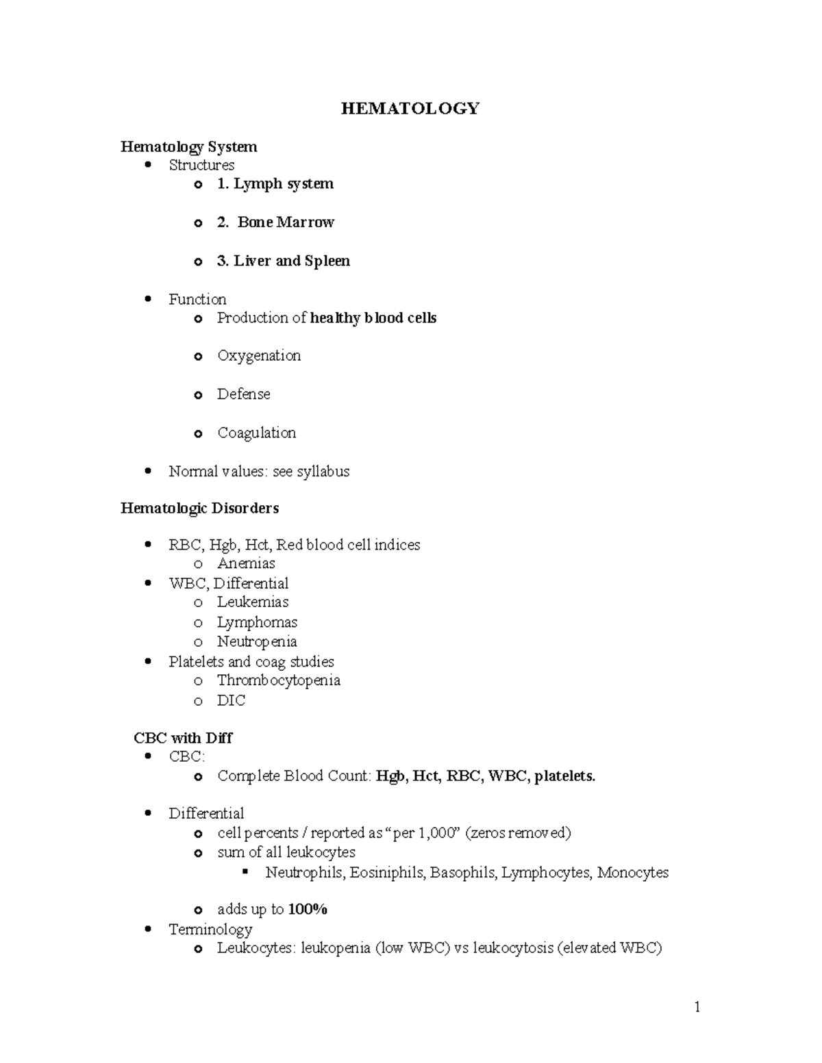 Hematology handouts - Lisa Hart - HEMATOLOGY Hematology System ...