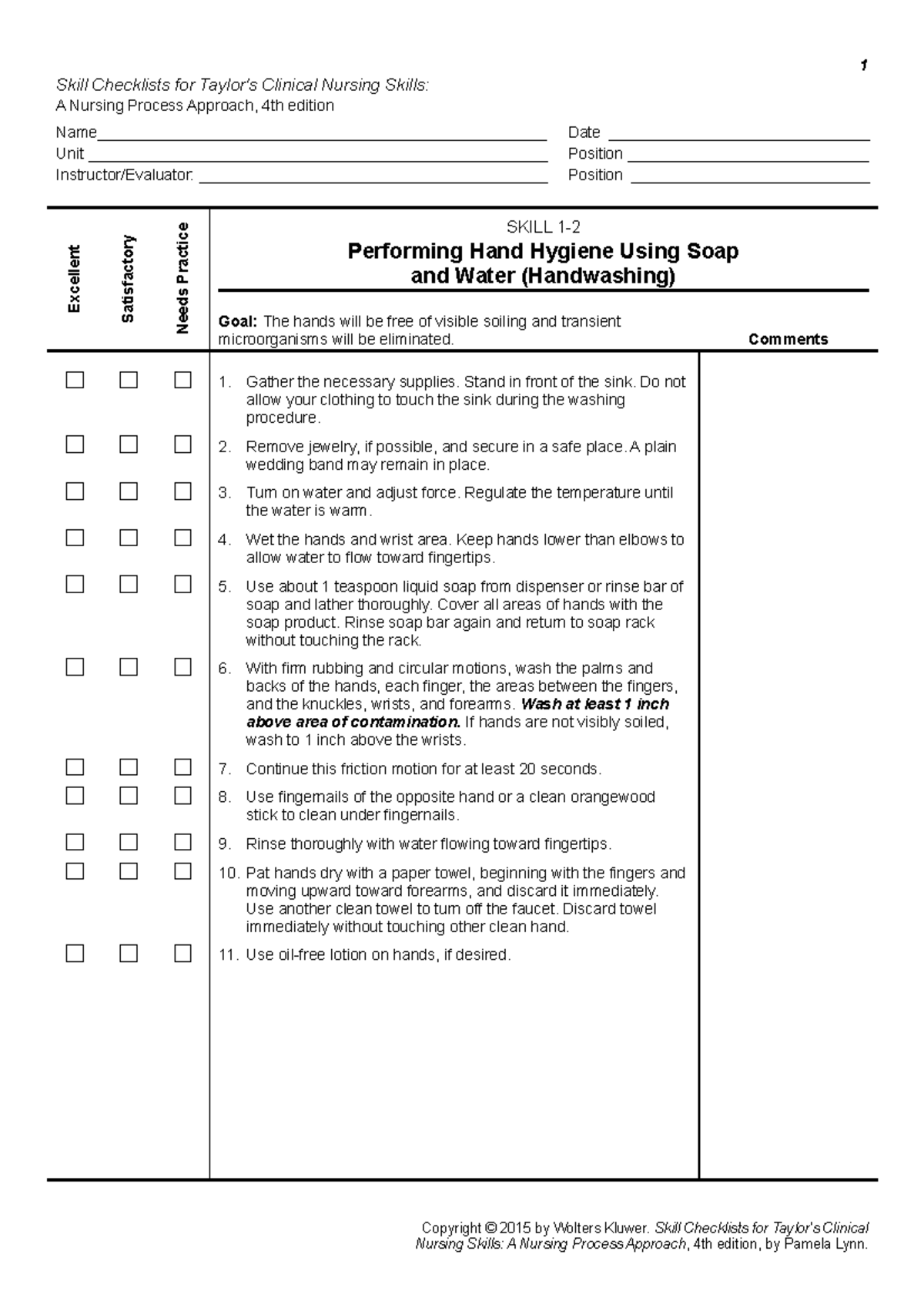 2Hand Hygiene - Soap and Water - 1 Skill Checklists for Taylor's ...