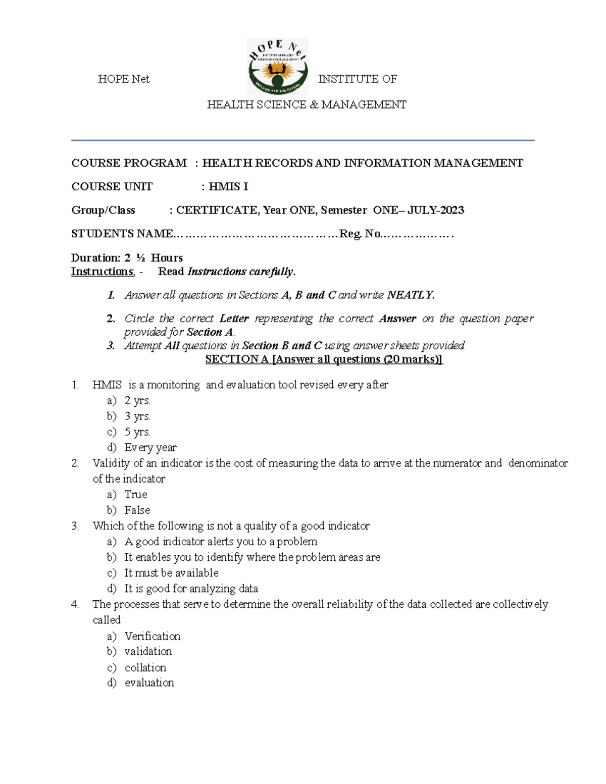 CERT HMIS EXAM - students to use - HOPE Net INSTITUTE OF HEALTH SCIENCE ...