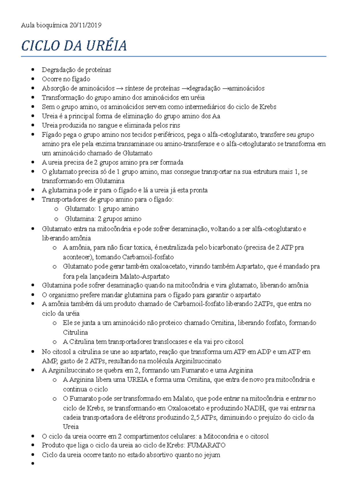Aula bioquímica ciclo da uréia - Aula bioquímica 20/11/ CICLO DA URÉIA ...