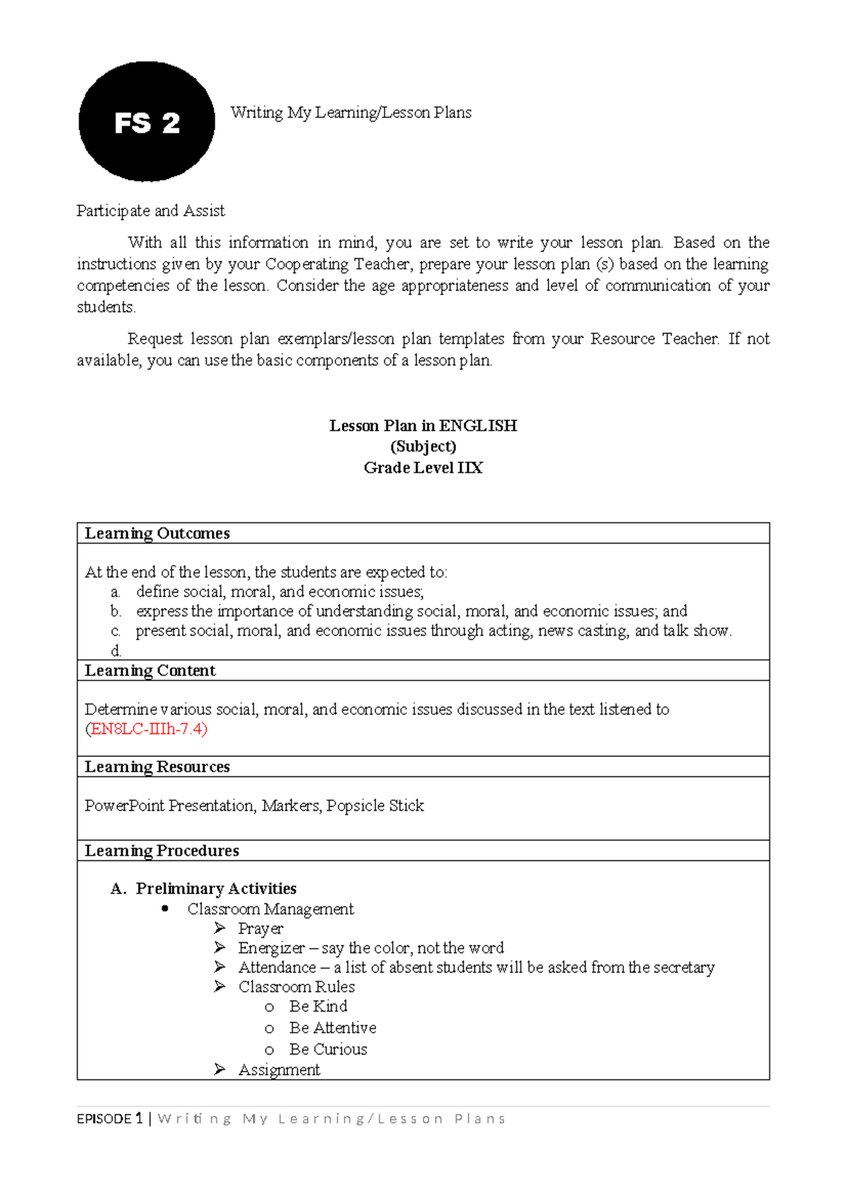 FS2-10 - FS 2 Writing My Learning/Lesson Plans Participate and Assist With all this information ...