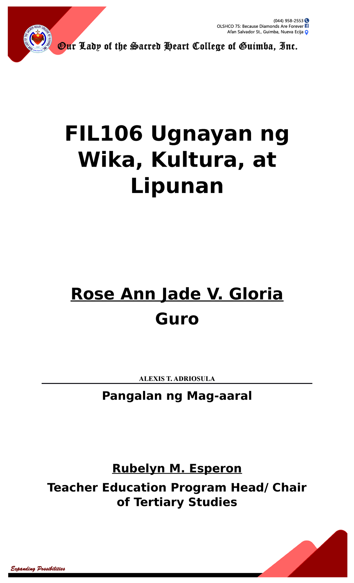 FIL106 - Module 1- adriosula - FIL106 Ugnayan ng Wika, Kultura, at ...