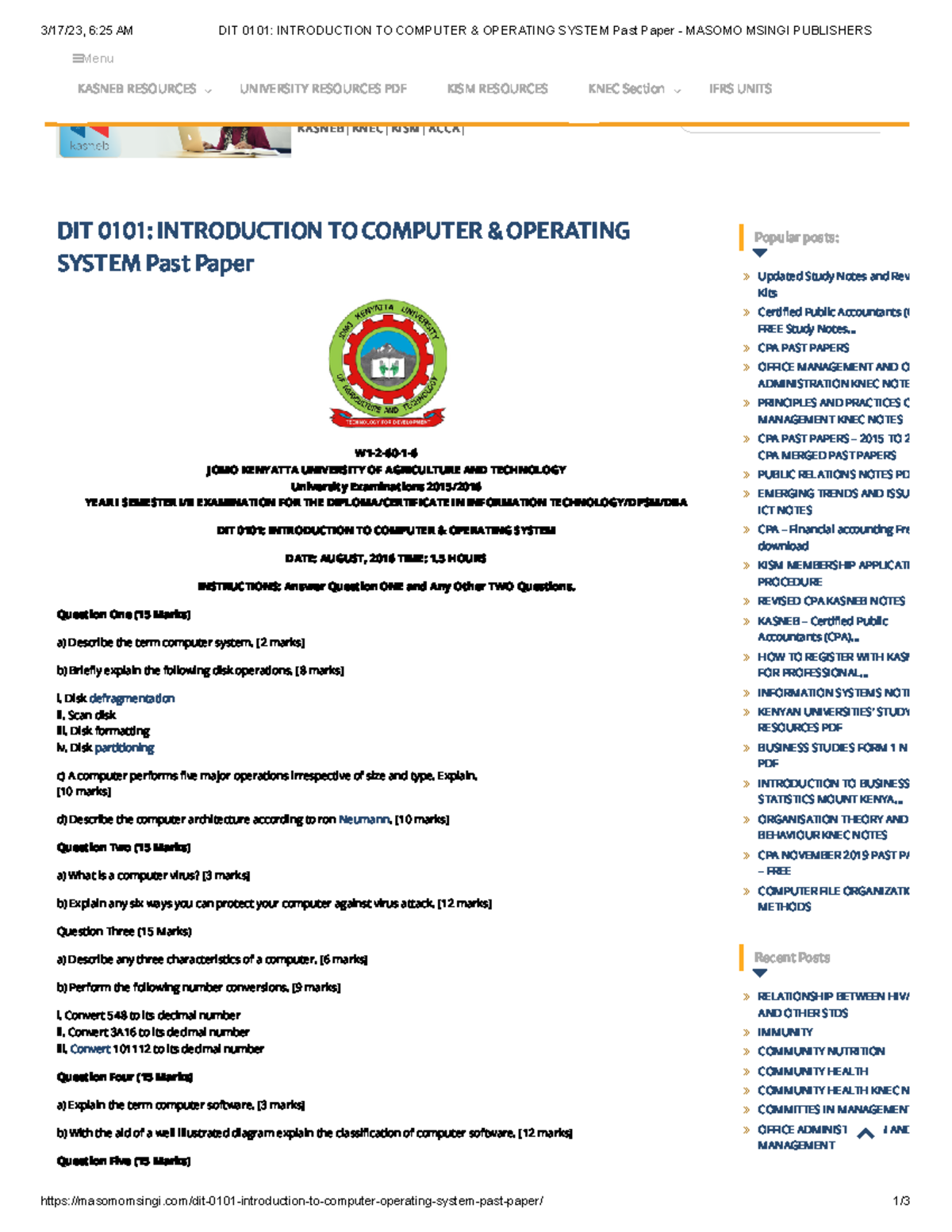 DIT 0101 Introduction TO Computer & Operating System Past Paper ...