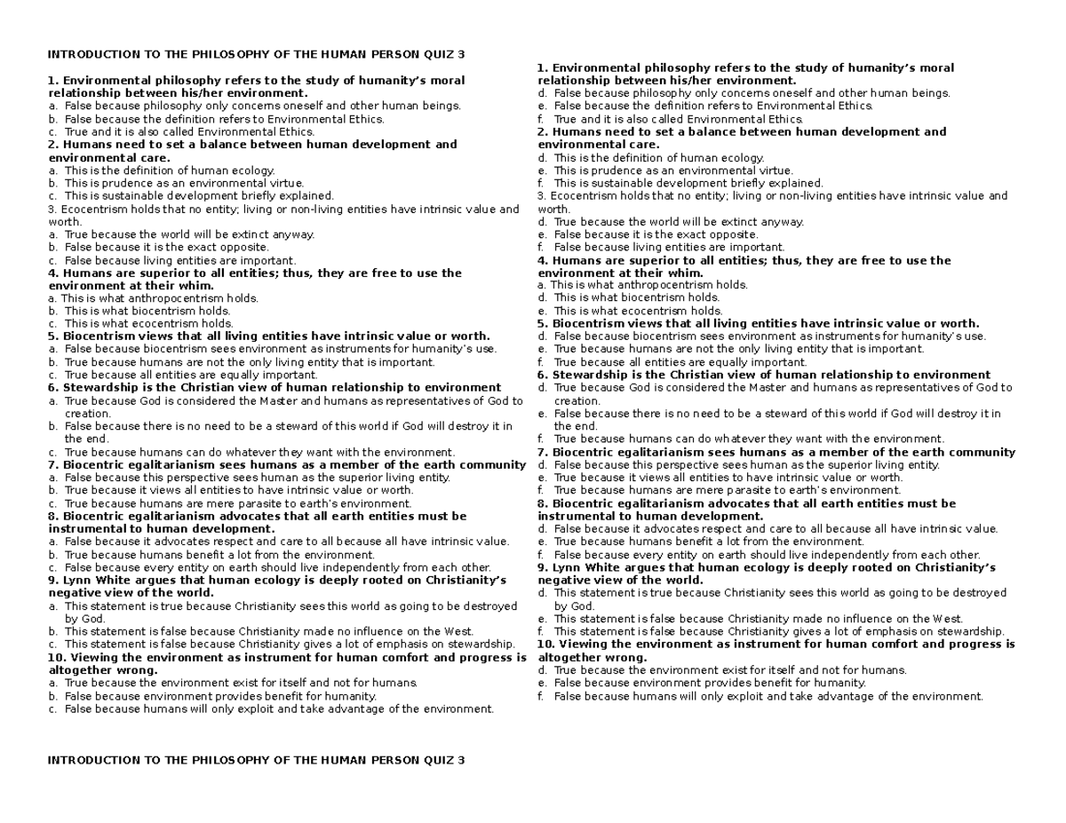 Introduction TO THE Philosophy OF THE Human Person QUIZ 3 ...