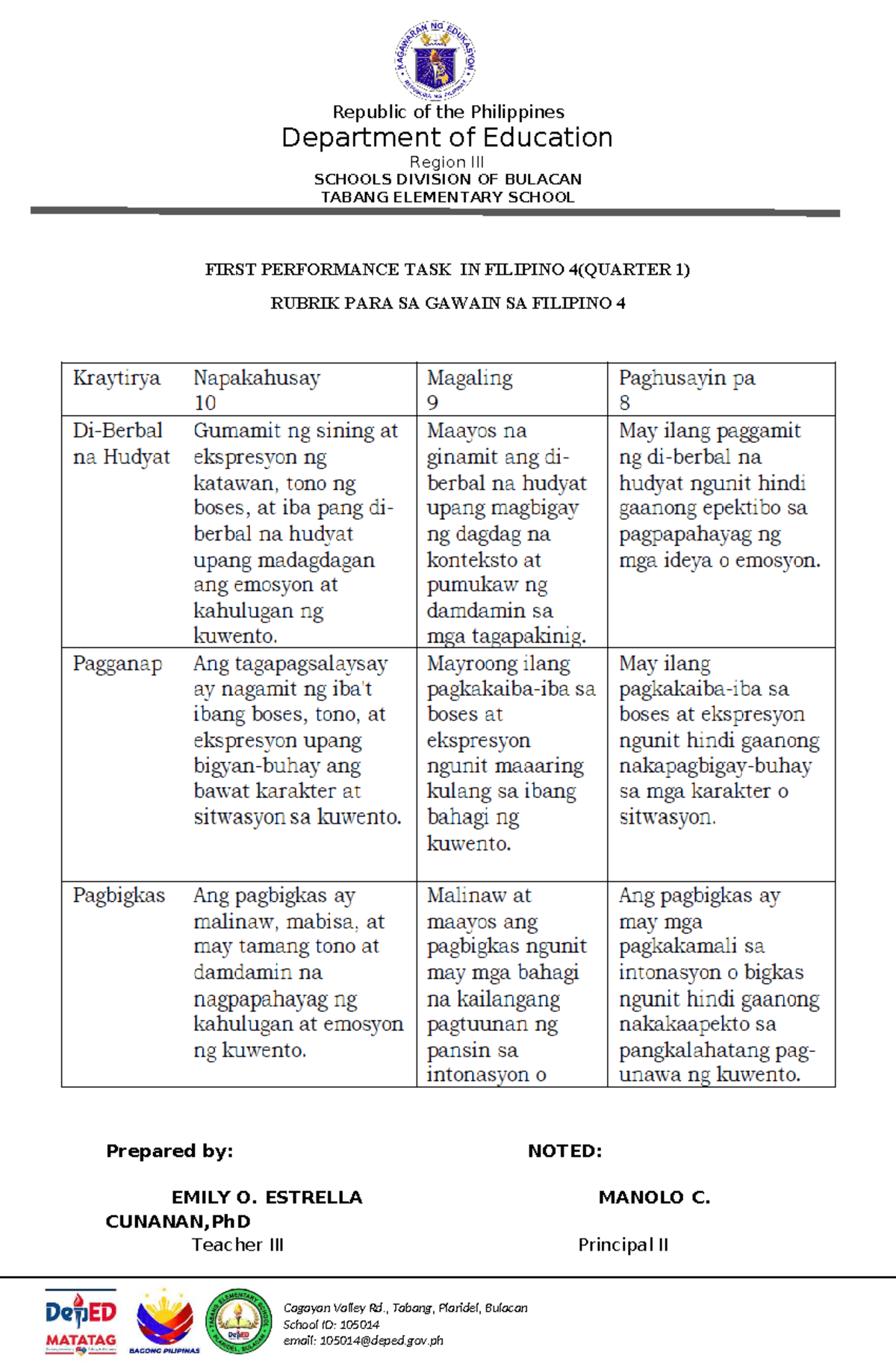 Filipino - 4 - First Quarter- First Performance TASK - Emily O ...