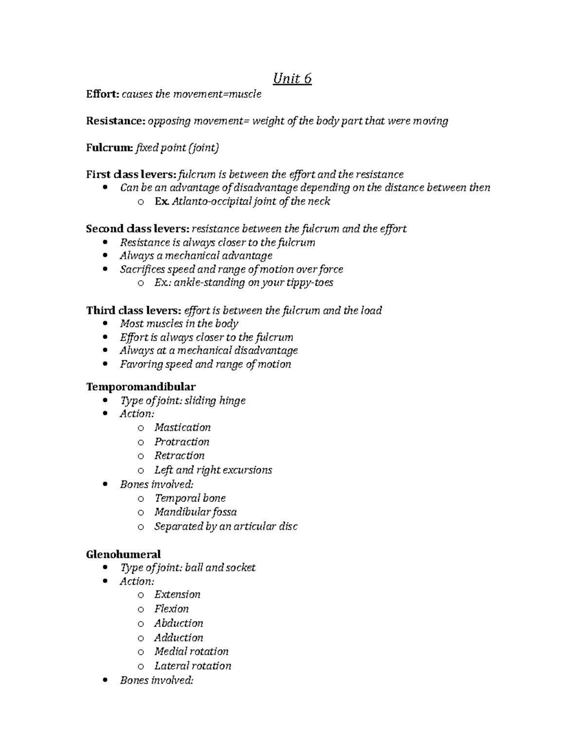 Bio 110 unit 6 review - Lecture notes 6 - Unit 6 Effort: causes the ...