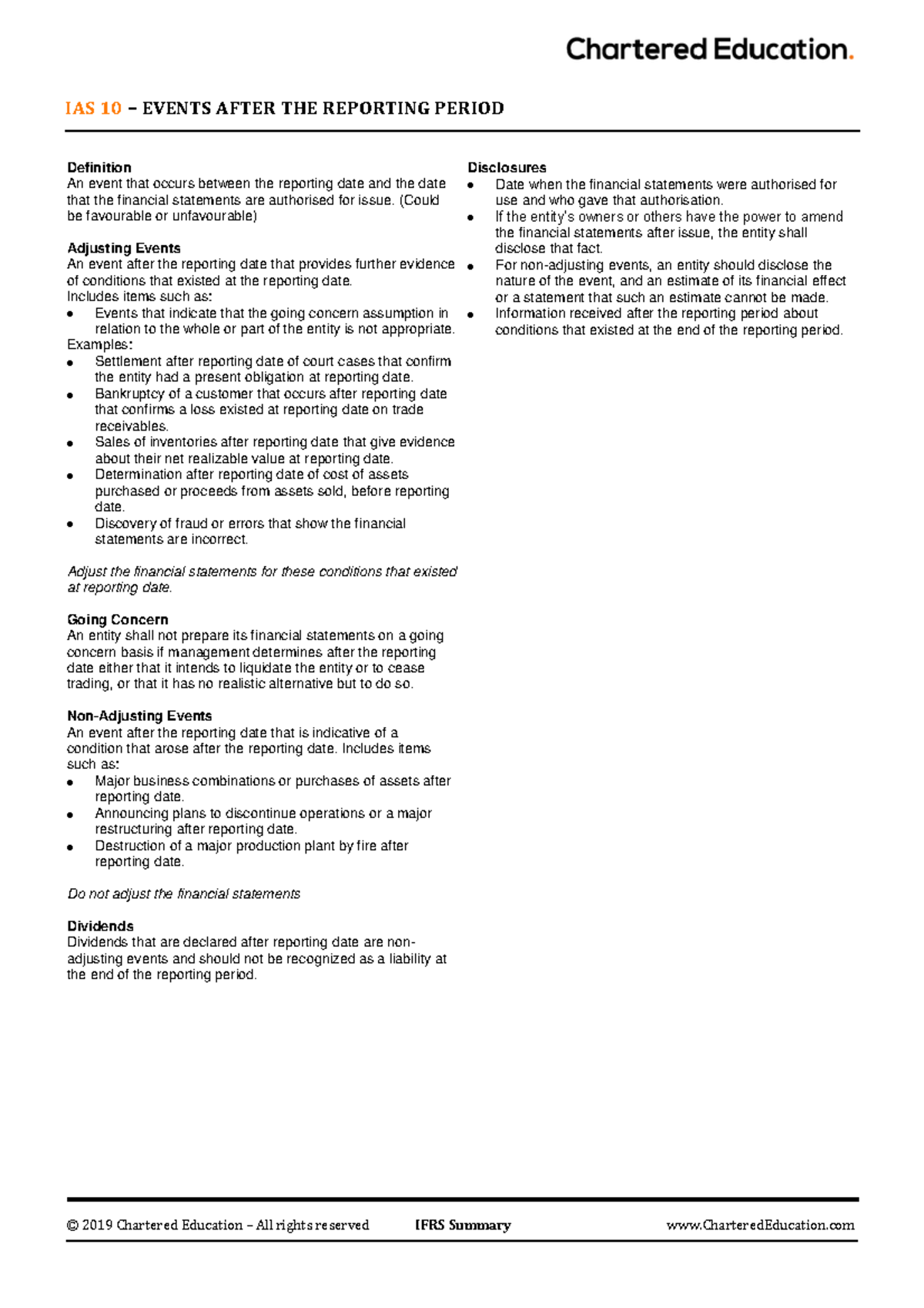 IAS 10 - Events After the Reporting Period - © 2019 Chartered Education ...
