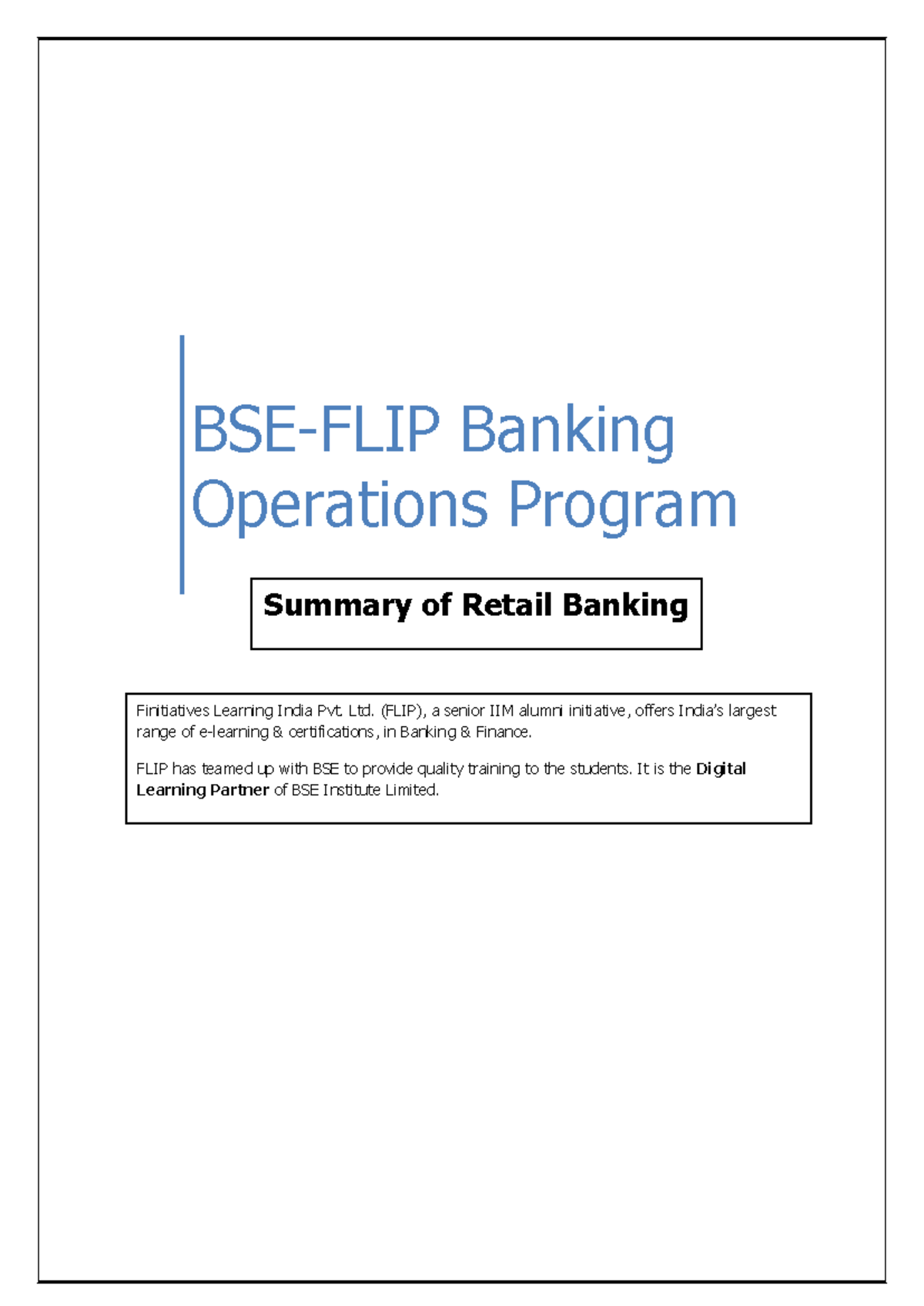 BSE-FLIP Retail Banking Summary - Summary of Retail Banking BSE-FLIP ...