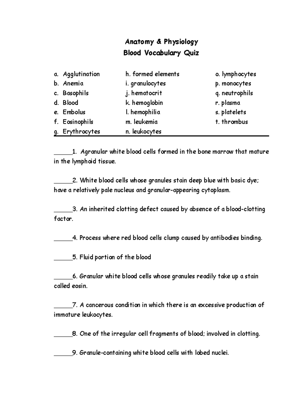 A P Blood Vocabulary Quiz - Anatomy & Physiology Blood Vocabulary Quiz ...