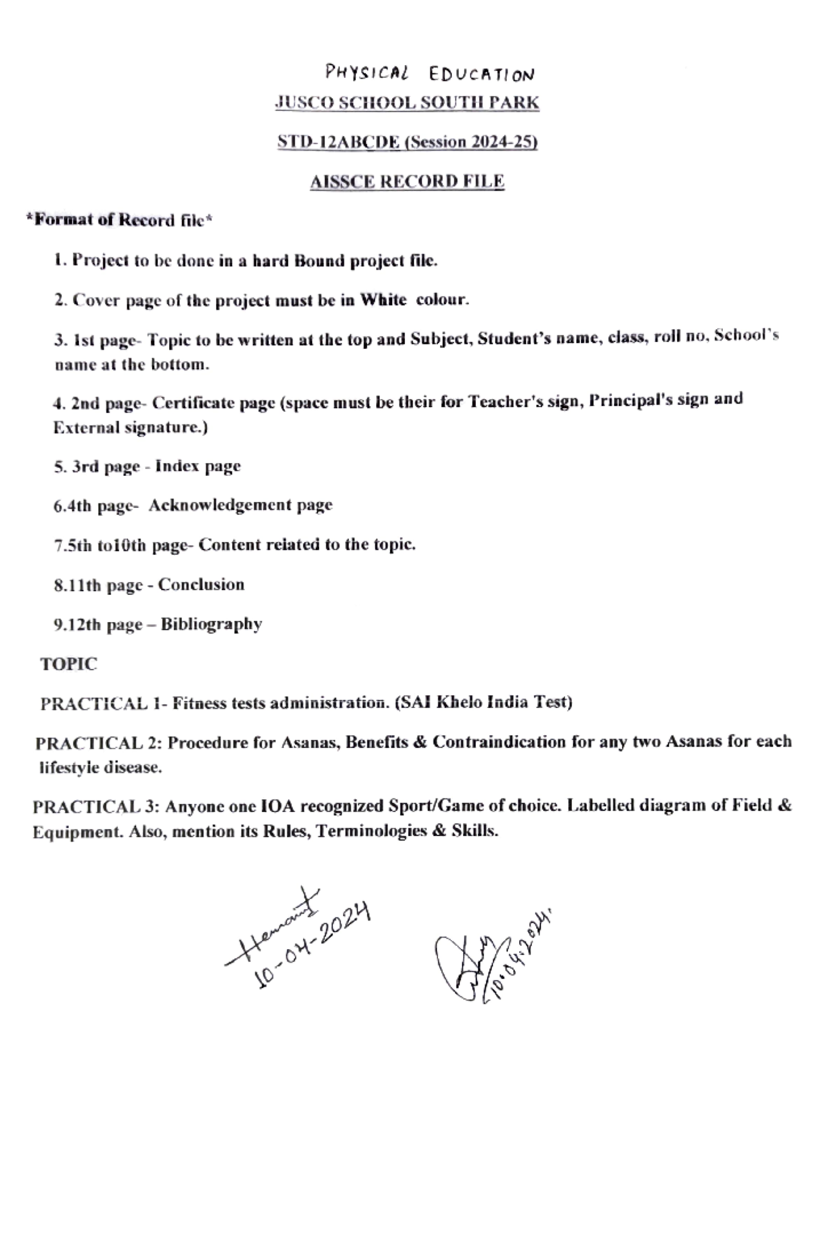 Physical Education Project - Formatof Record file PHYSICAL 5. 3rd page ...