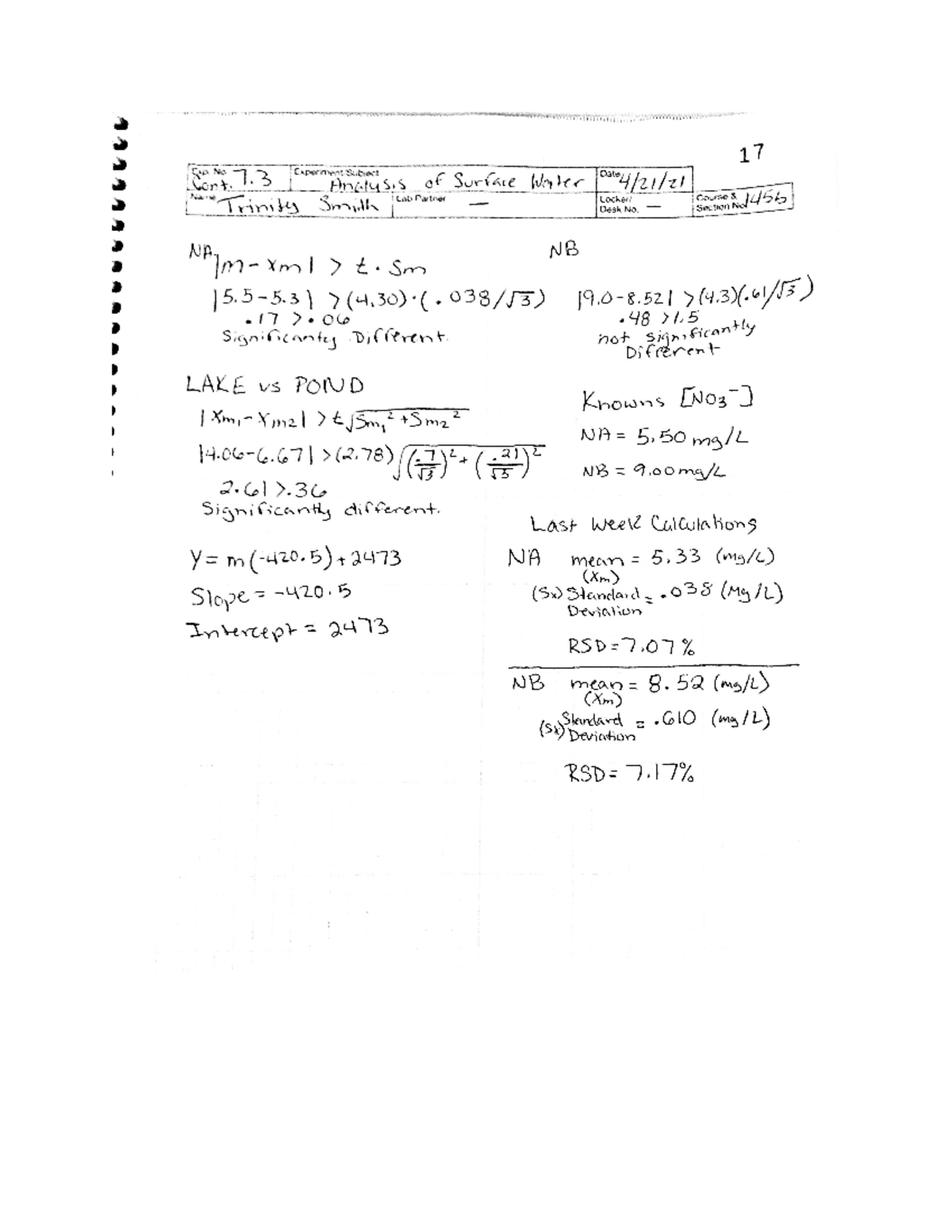 Lab 7 - Experiment 7 notebook pages with calculations - CHM 145 - Studocu