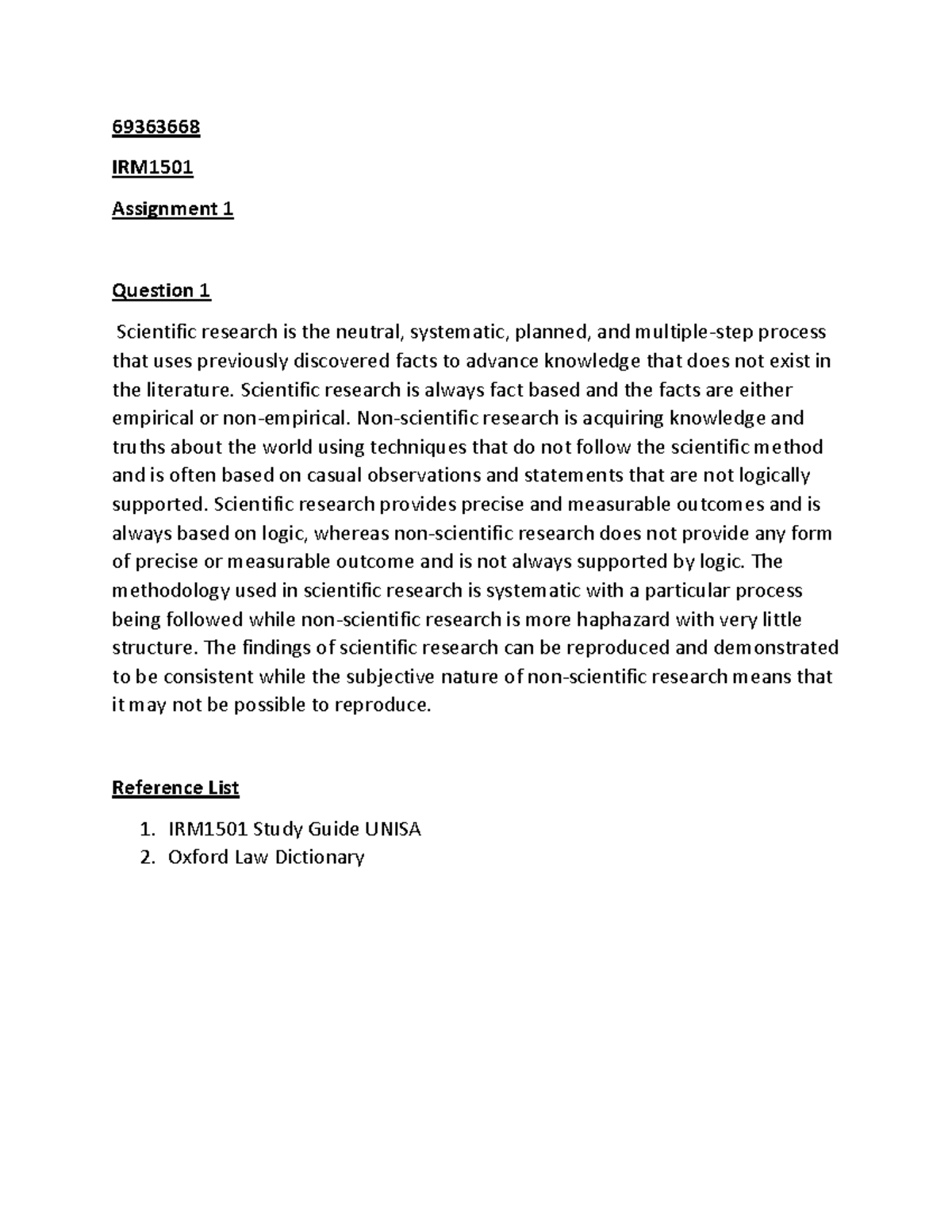 IRM1501 Assignment - 69363668 IRM Assignment 1 Question 1 Scientific ...