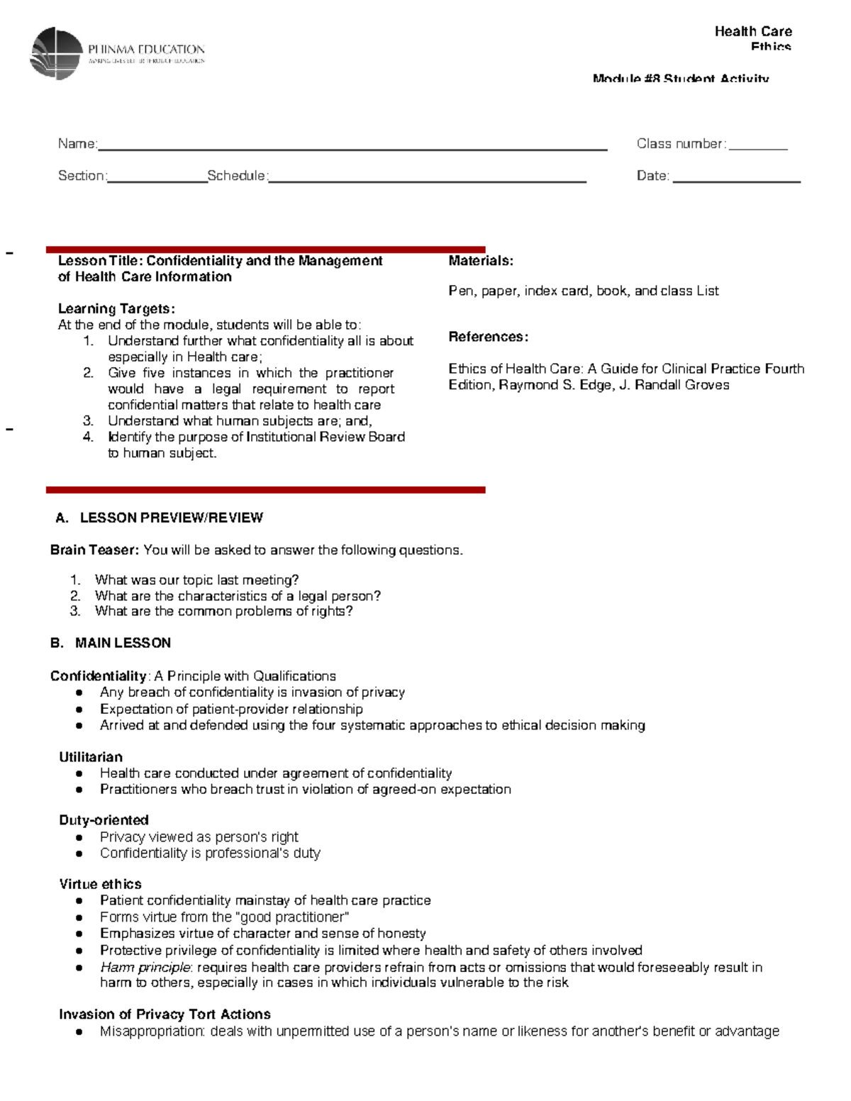 SAS 8 Bioethics - Ethics (Bioethics) Module #8 Student Activity Sheet ...