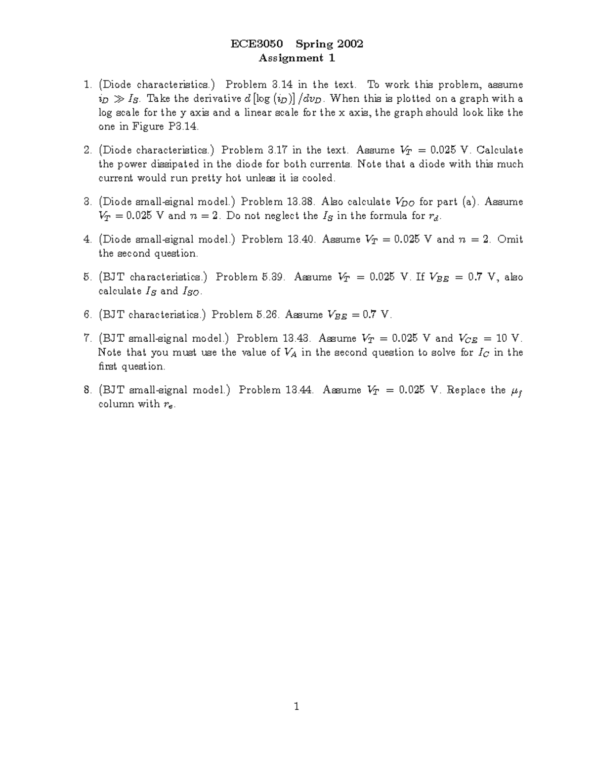 Hw1 - Exam Practice - ECE3050 Spring 2002 Assignment 1 (Diode ...