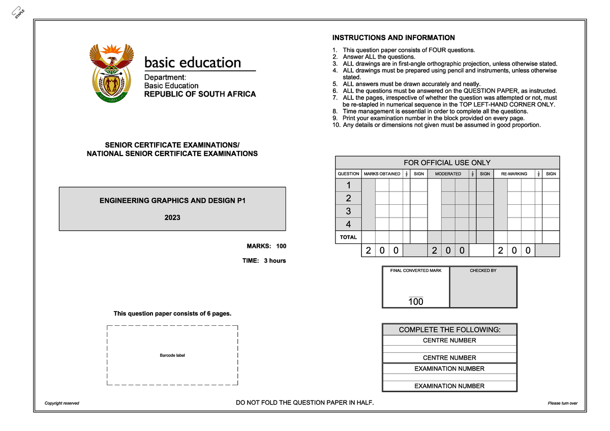 Engineering Graphics & Design P1 May-June 2023 Eng - SKE 220 - Studocu