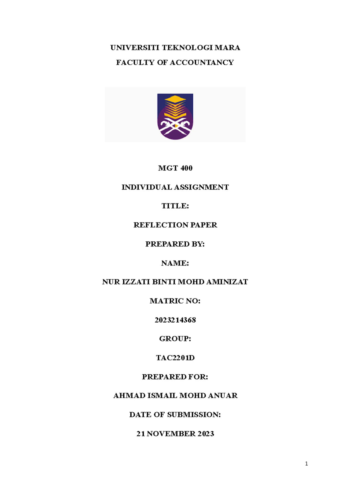 Assigment MGT400 - UNIVERSITI TEKNOLOGI MARA FACULTY OF ACCOUNTANCY MGT ...