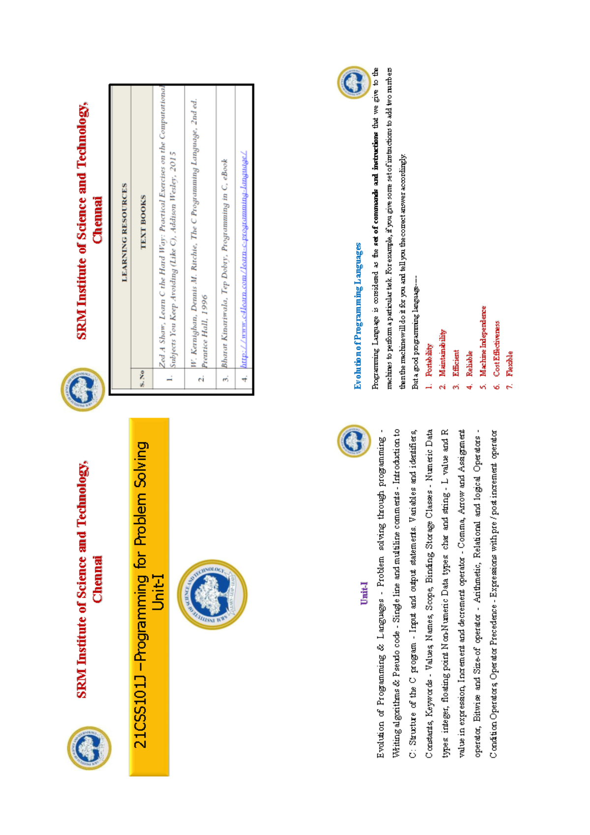 Full Unit 1 Notes Srm Institute Of Science And Technology Chennai 21css101j Programming For
