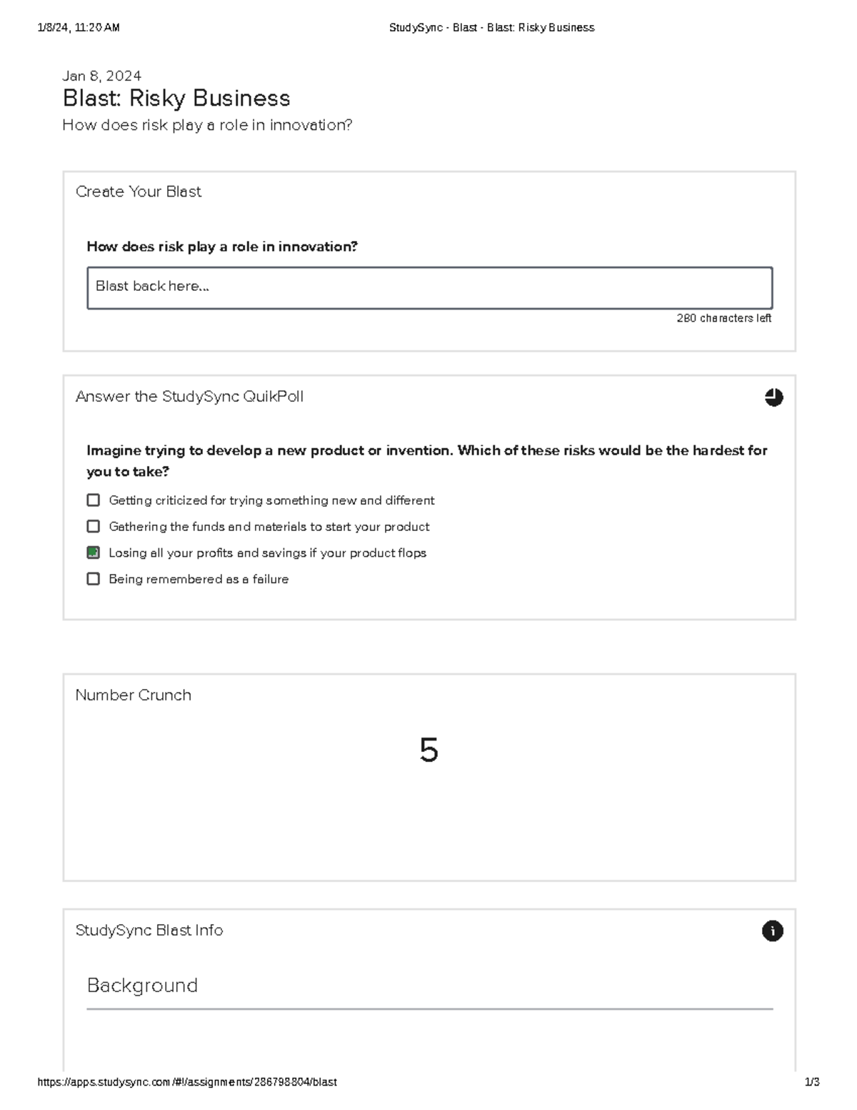 Study Sync - Blast - Blast Risky Business - studysync/#!/assignments ...