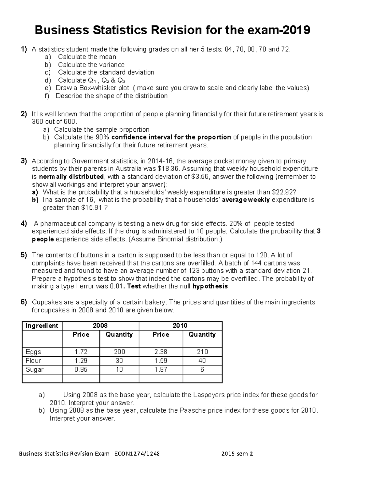 Revision-Exam 2019 sem2-1 - Business Statistics Revision for the exam ...