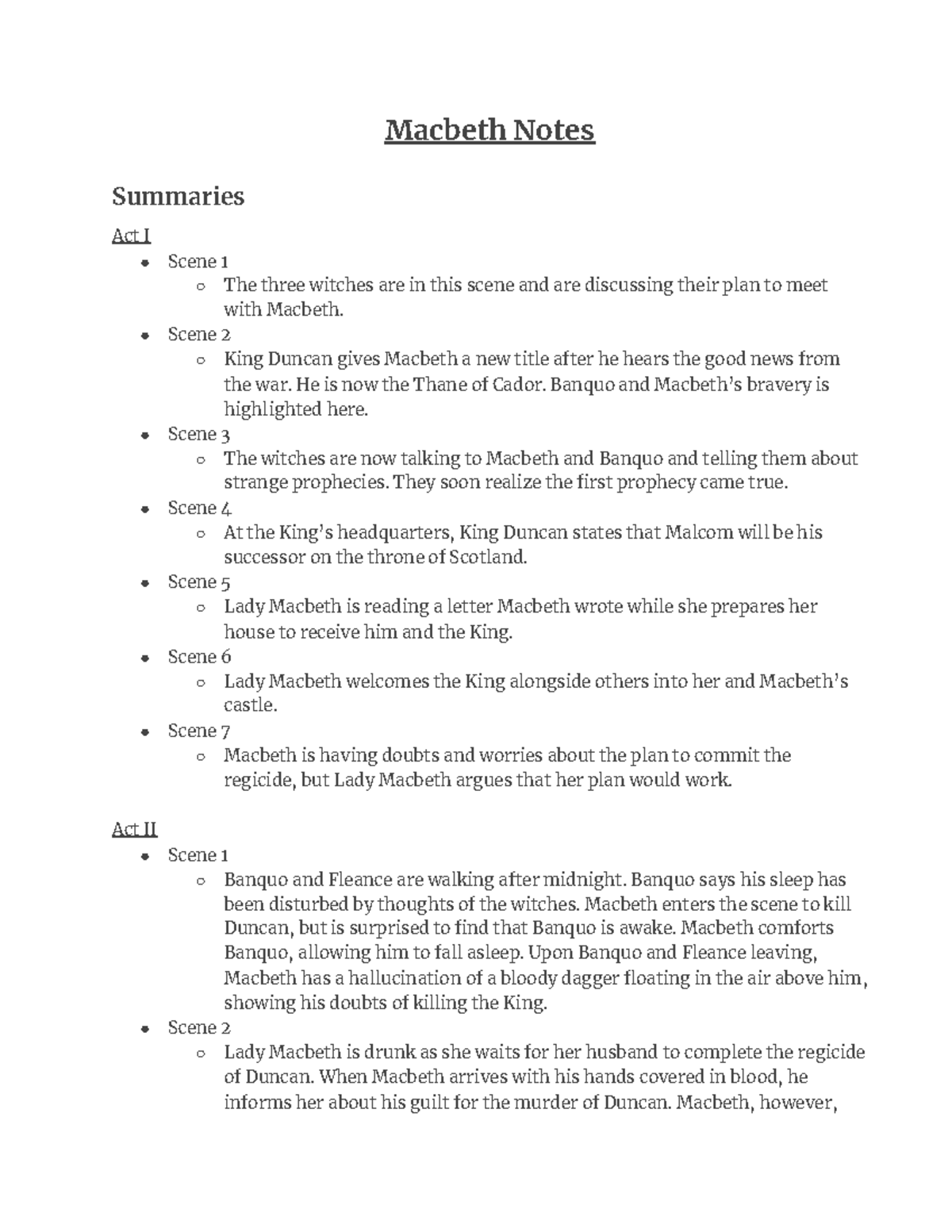 Macbeth Notes - Macbeth Notes Summaries Act I Scene 1 The three witches ...