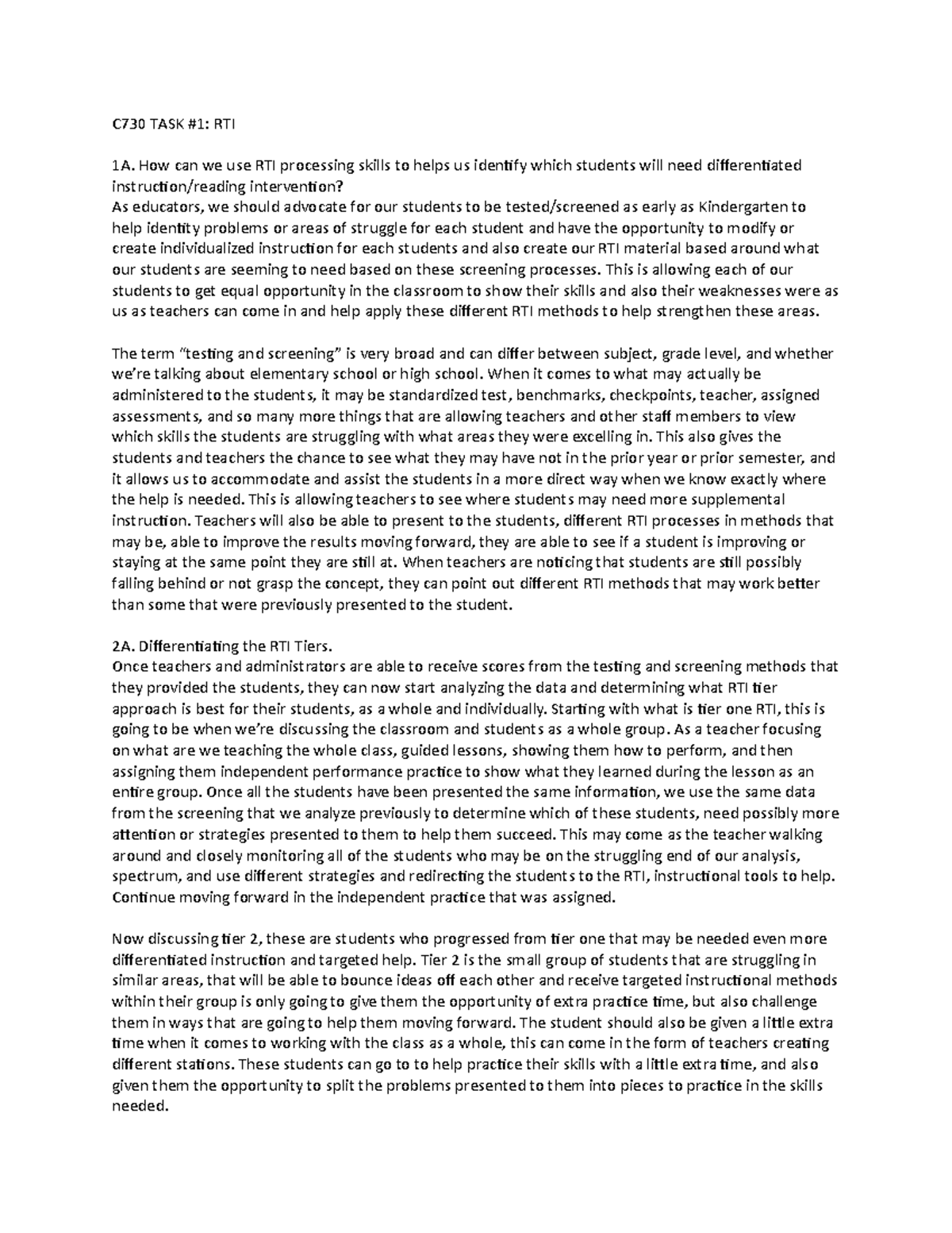 C730 TASK 1 PASSED - C730 TASK #1: RTI 1A. How can we use RTI ...