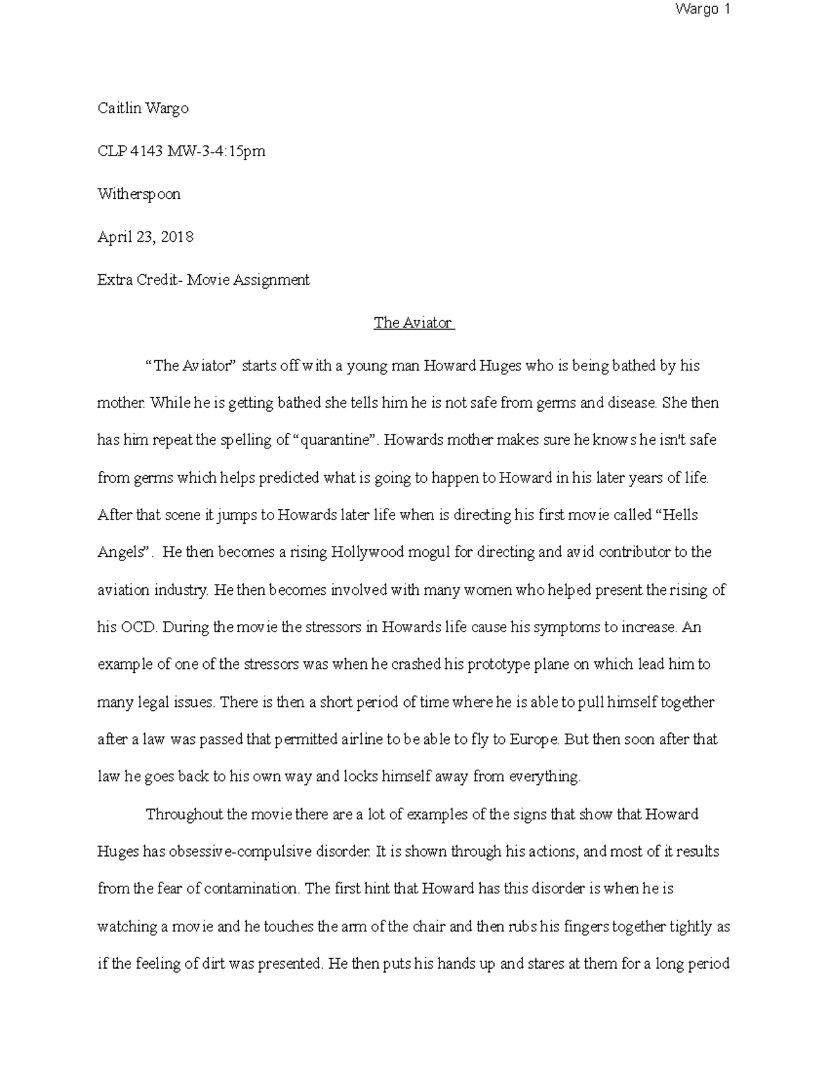 Extra credit - Wargo 1 Caitlin Wargo CLP 4143 Witherspoon April 23 ...