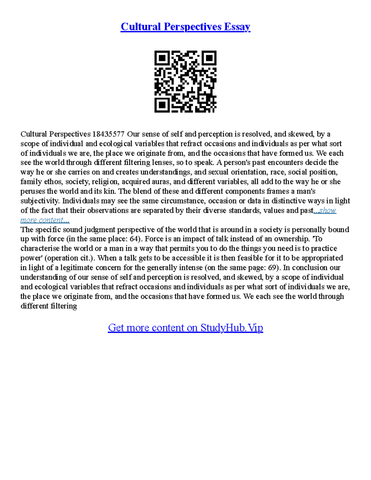 Cultural Essays - Cultural Perspectives Essay Cultural Perspectives ...