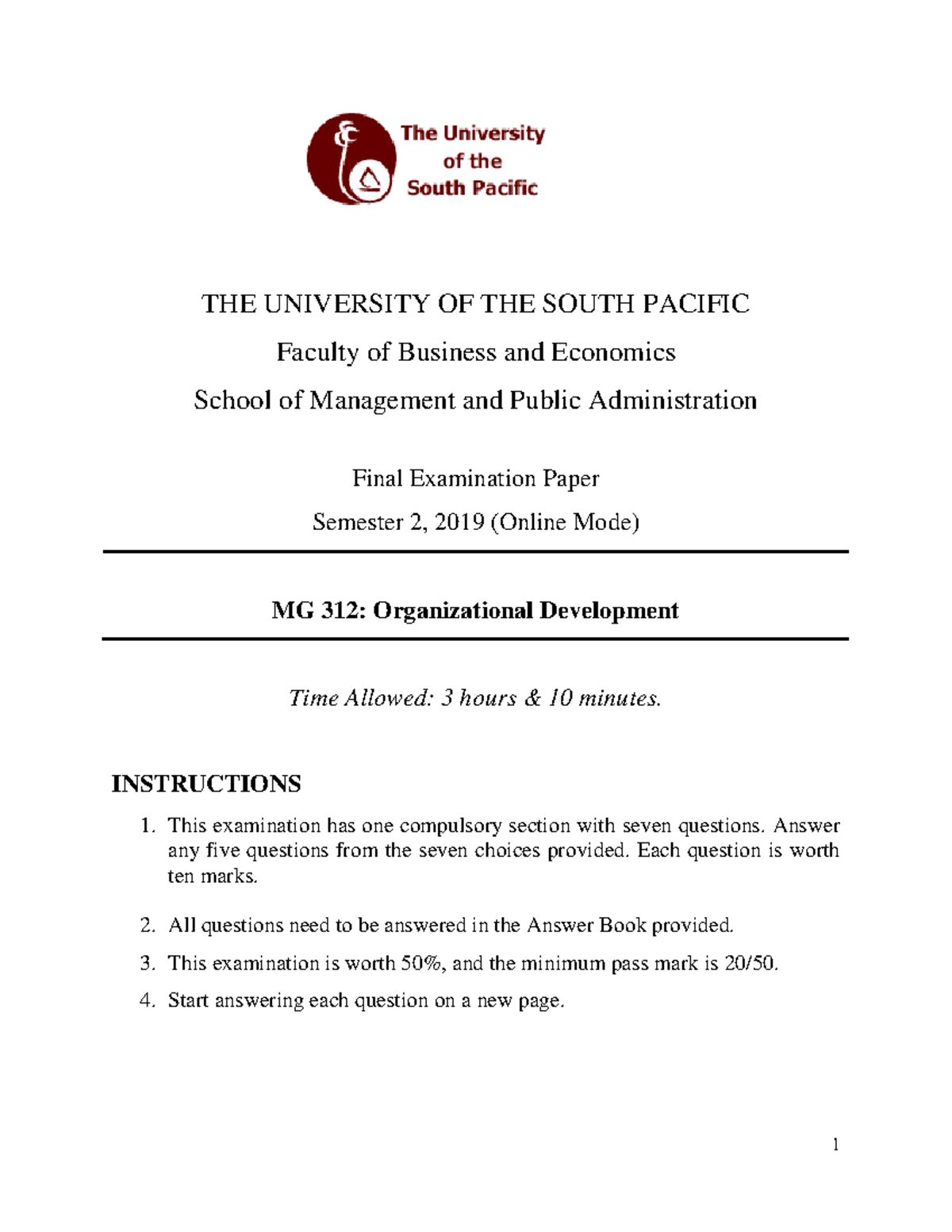 MG312 Exam S2 2019 - Exam Paper 2019 - 1 THE UNIVERSITY OF THE SOUTH ...