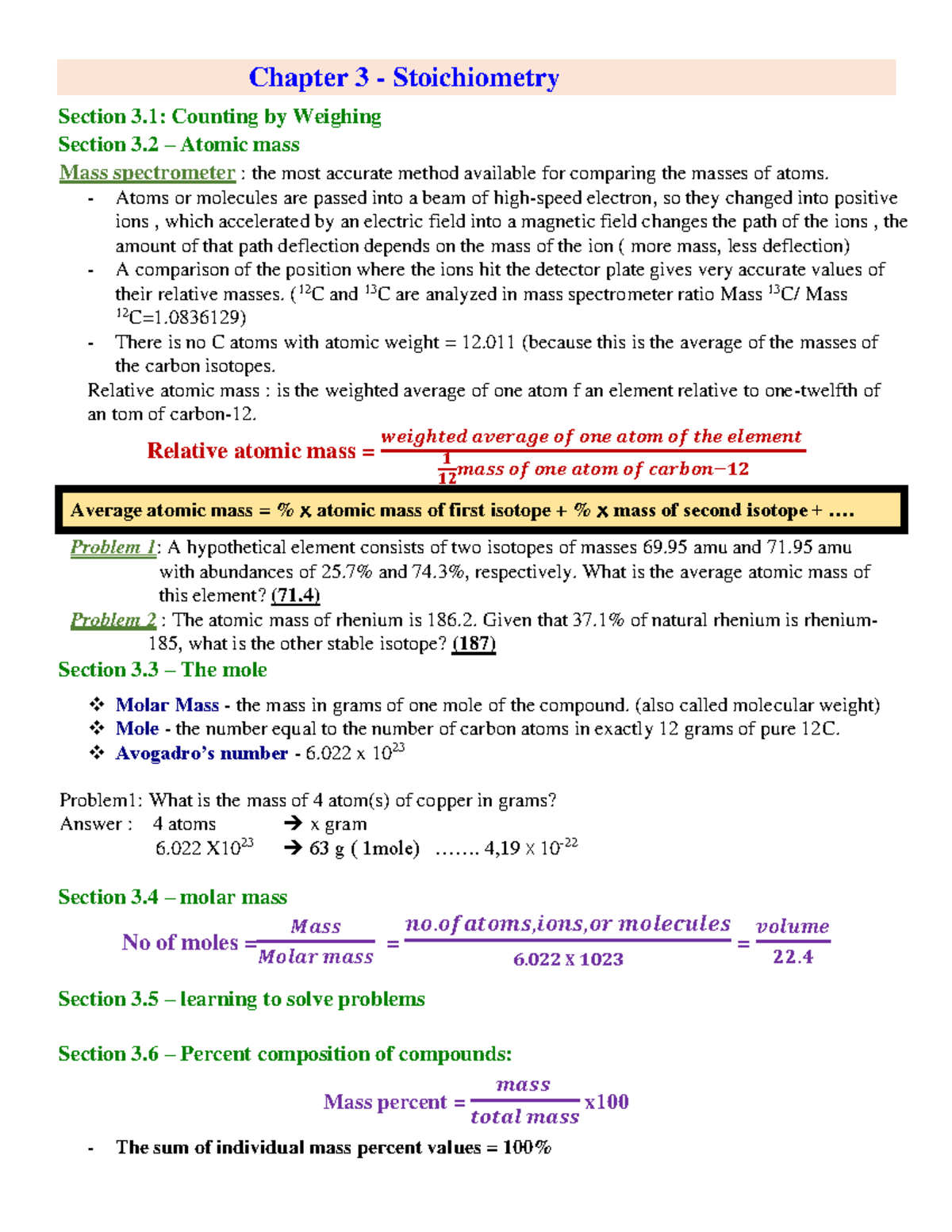 Chapter 3 Stoi Zumdahl summary 1 - Chapter 3 - Stoichiometry Section 3 ...