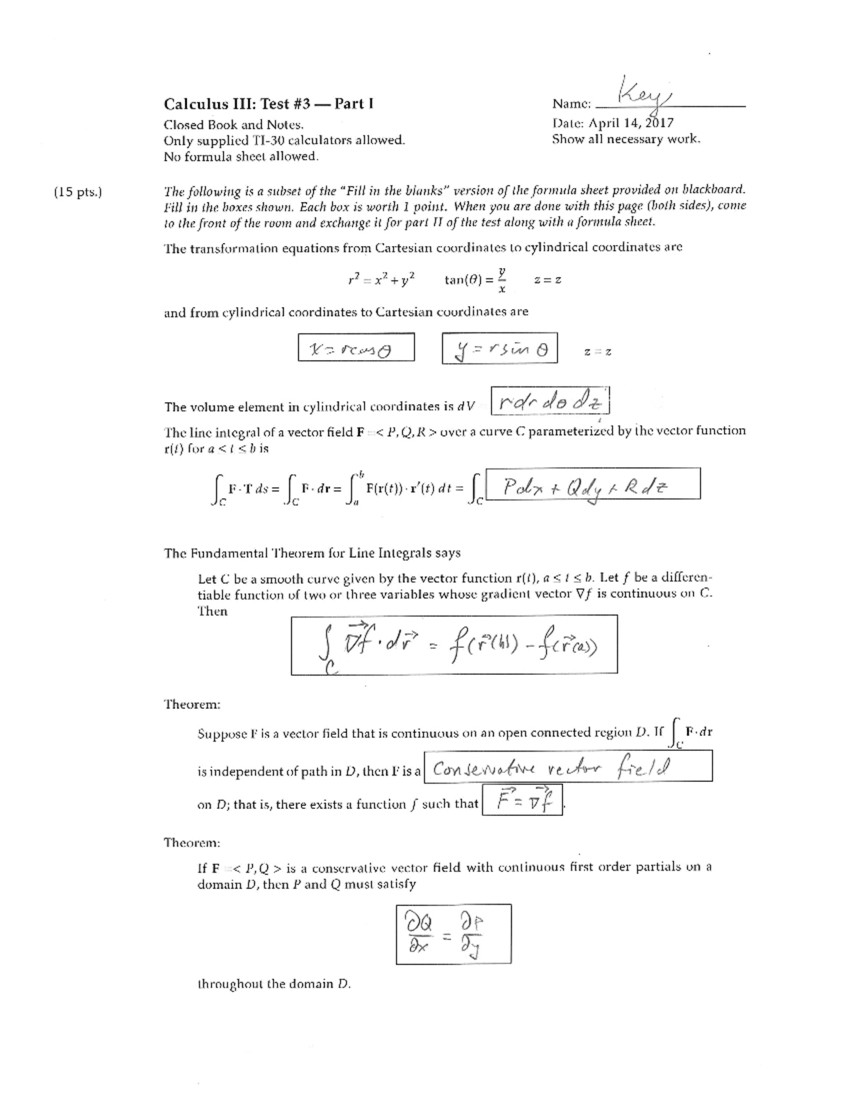 Test 3 Spring 2017 April Key - MATH 251 - Studocu