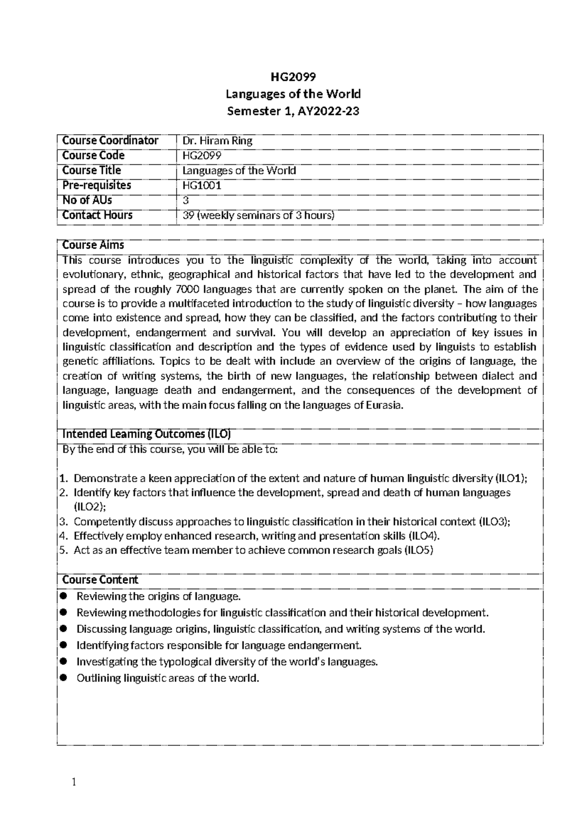 HG2099 syllabus AY 2022-23 - HG Languages of the World Semester 1 ...
