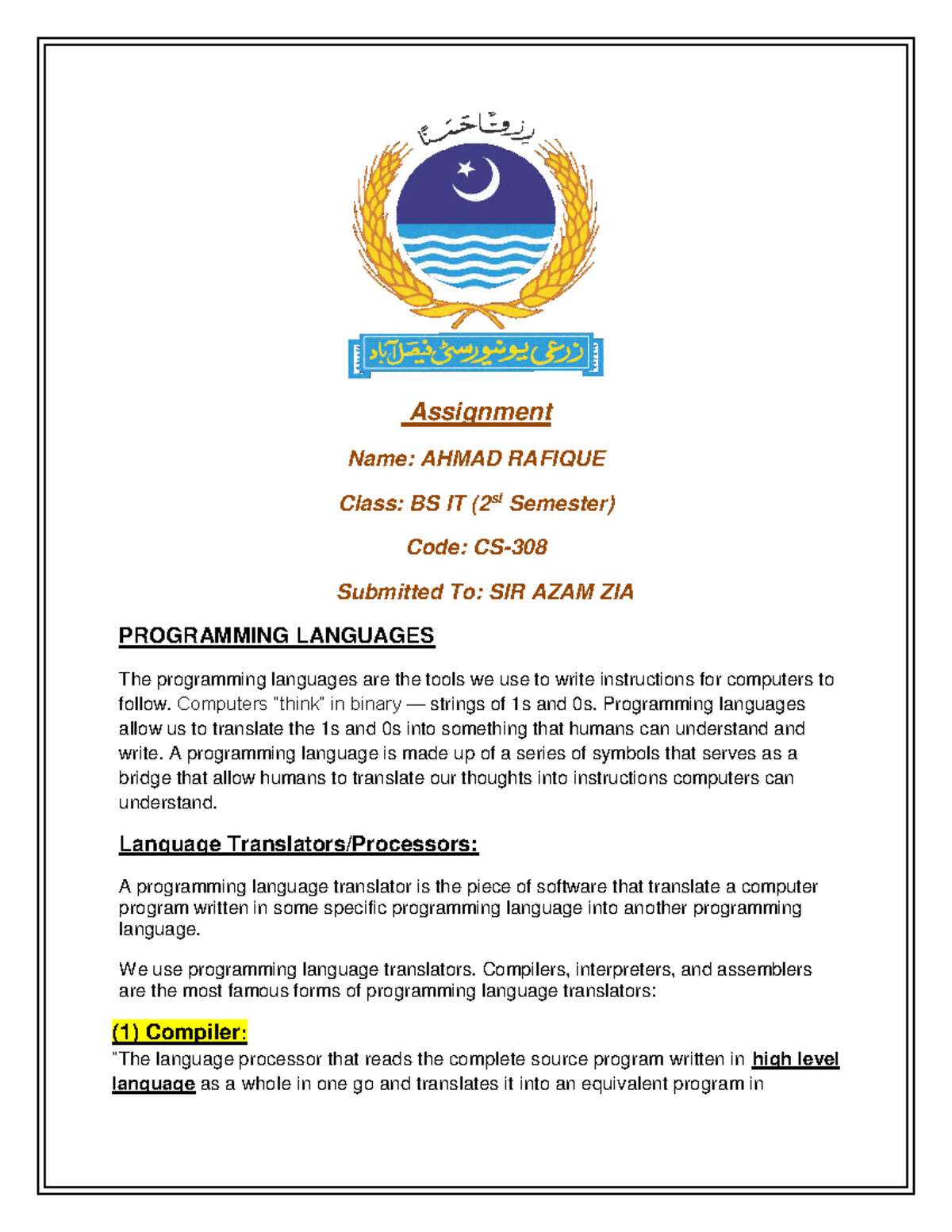 Programming Languages - Fundamentals of Information Technology - UAF ...