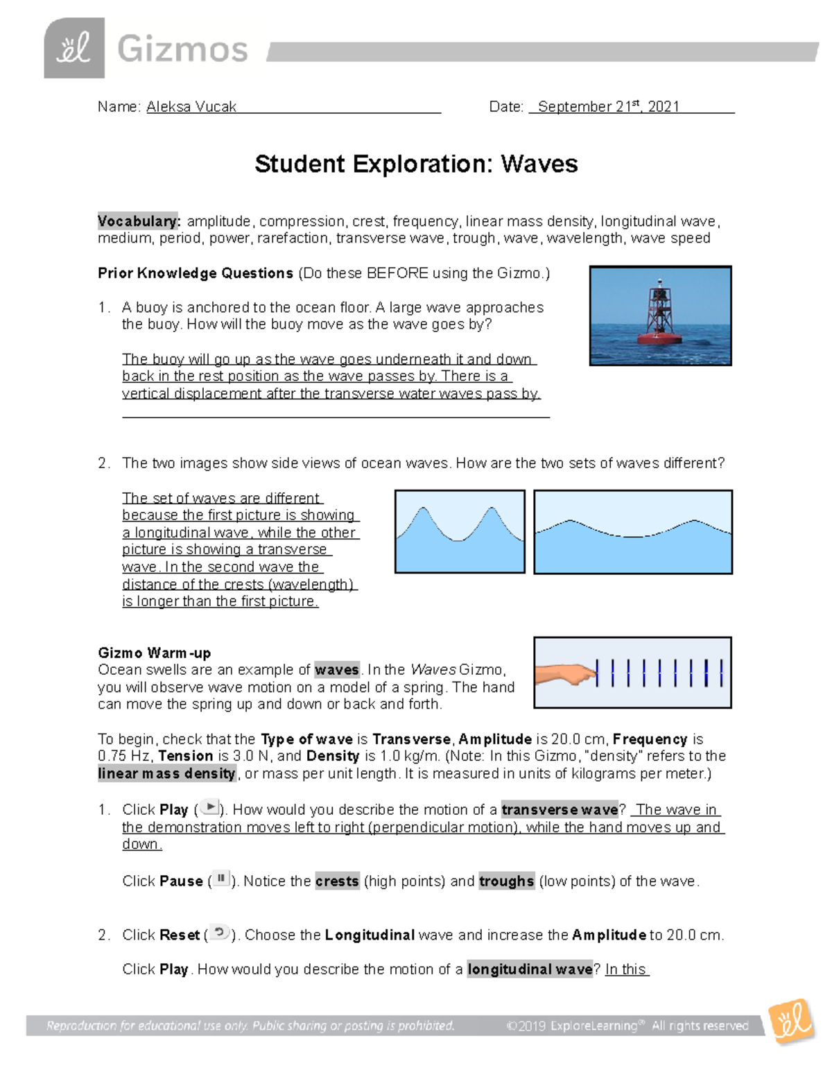 Waves Gizmo Student Exploration Sheet - Name: Aleksa Vucak Date ...