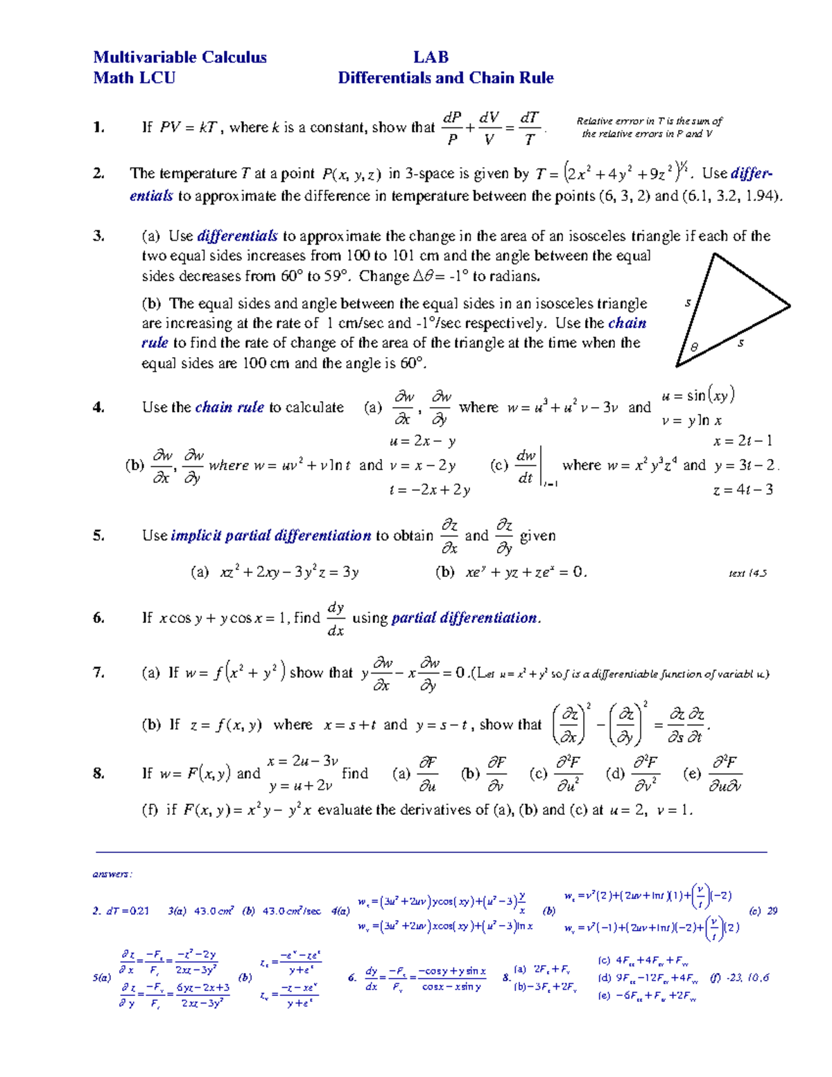 LCU Lab 9 Differentials Chain Rule - Multivariable Calculus LAB Math LCU Differentials and Chain ...